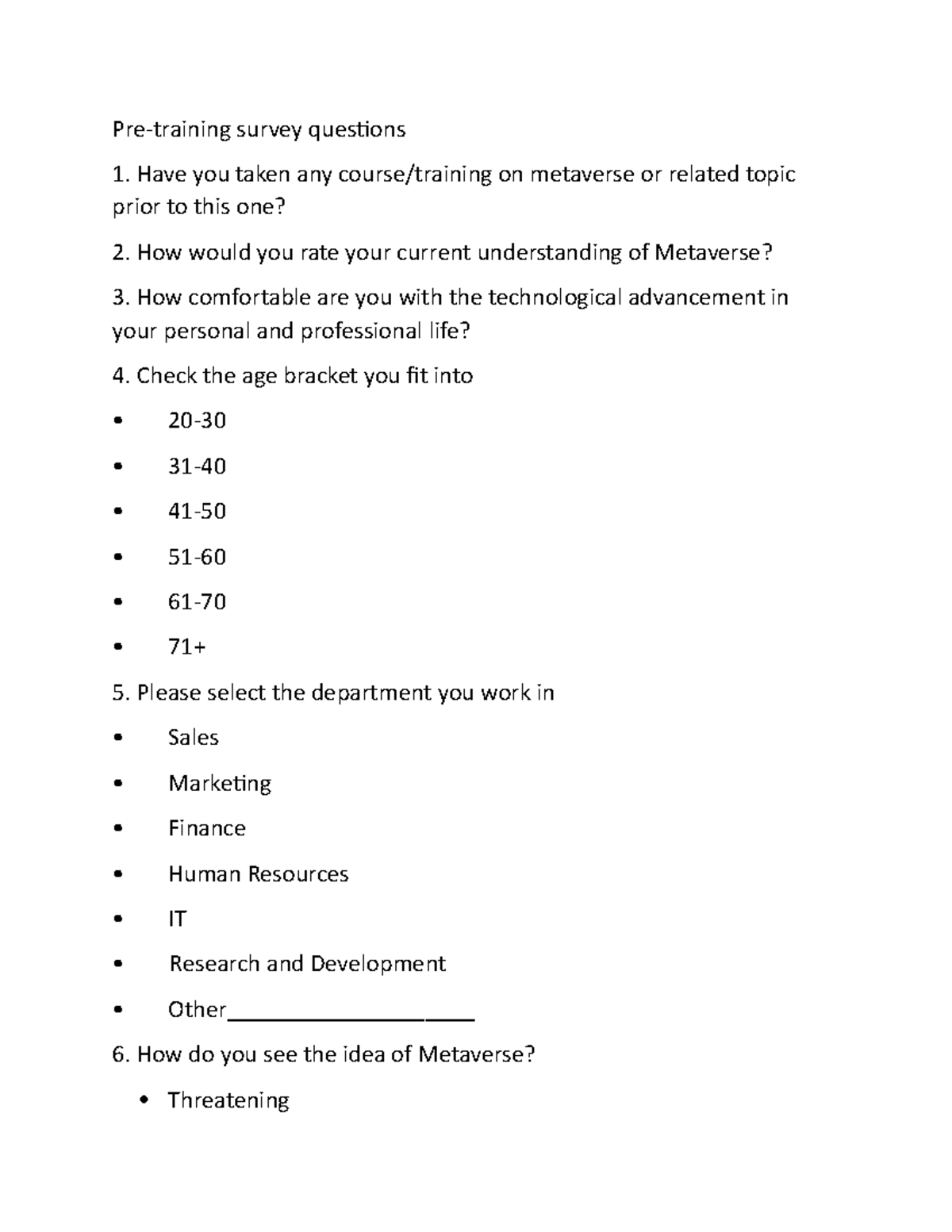 Survey Questions - ASA - Pre-training survey questions Have you taken ...