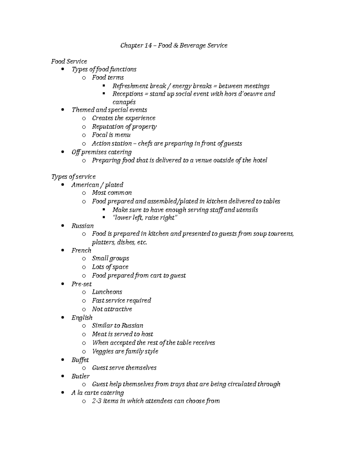 Chapter 14 – Food - Chapter 14 Food Beverage Service Food Service Types ...