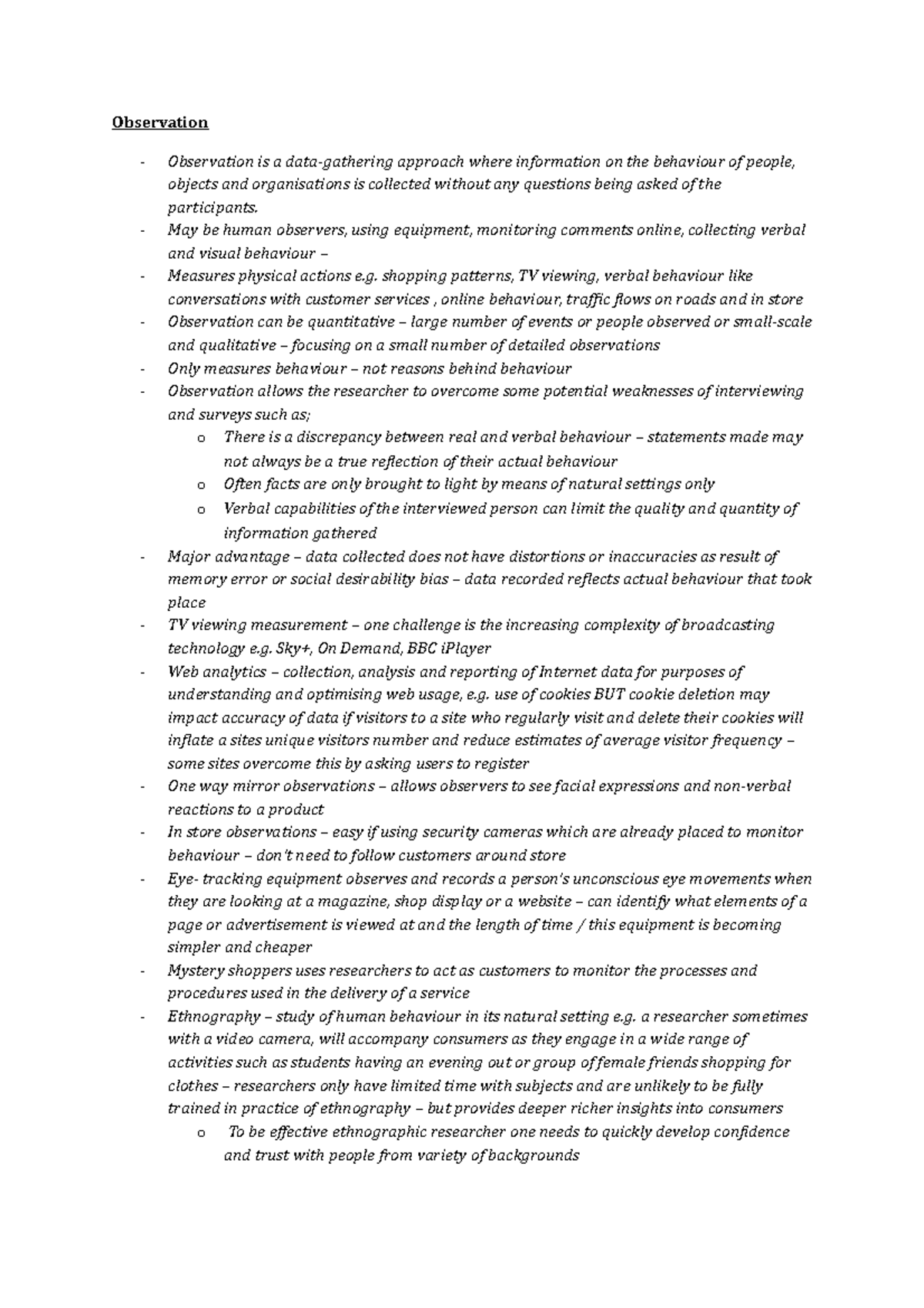 Observation Notes - Observation Observation is a data-gathering ...