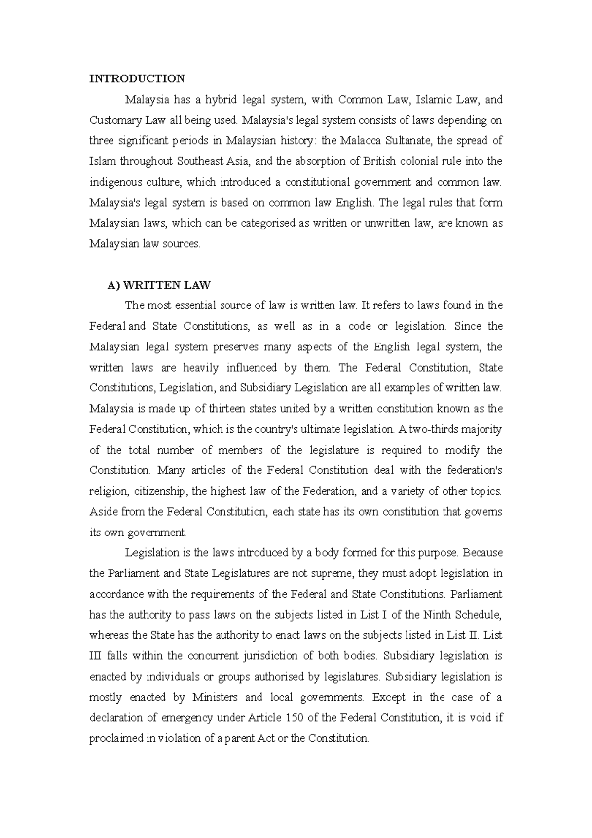 Group 7 BA24101 A - Answer Script LAW416 - INTRODUCTION Malaysia has a ...