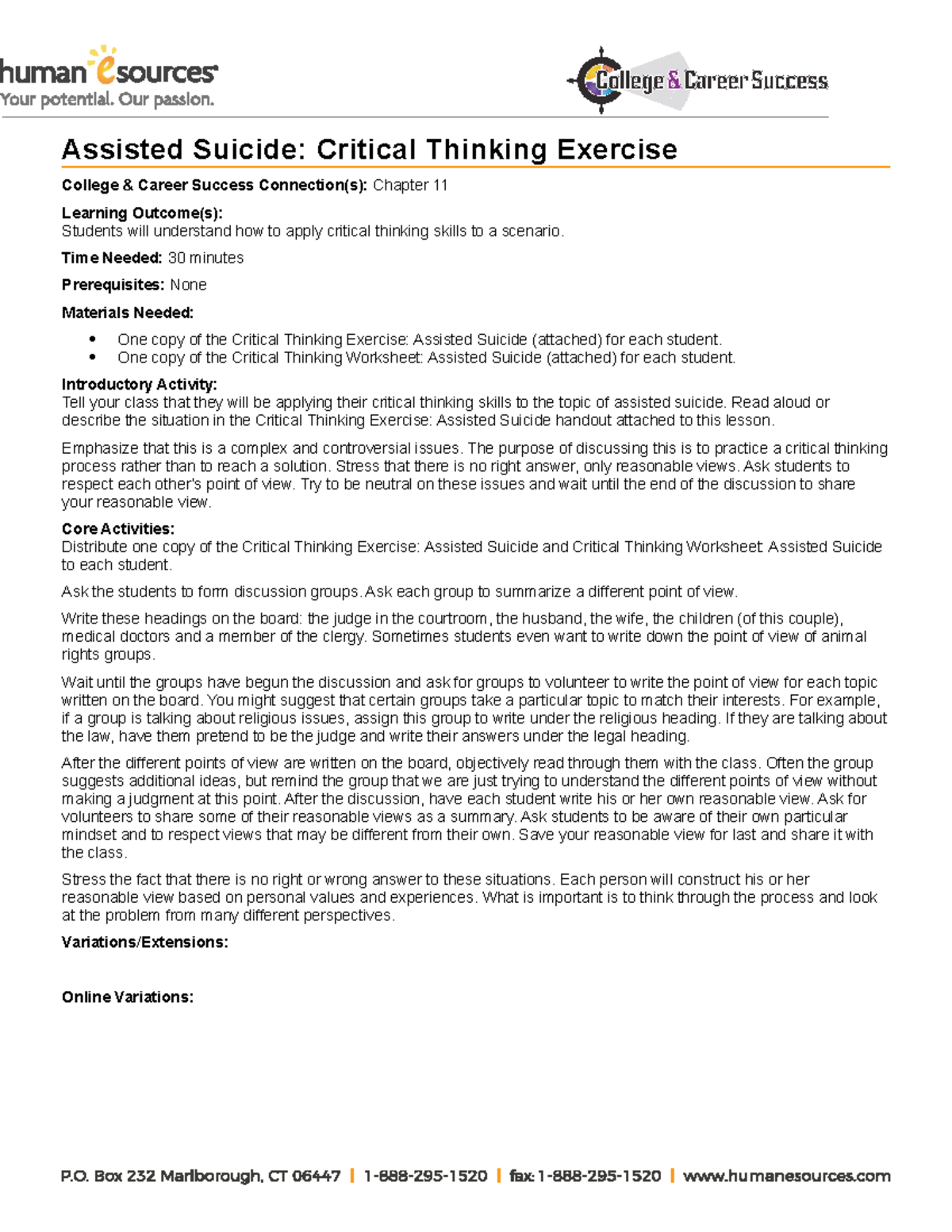 Critical Thinking Exercise-Assisted Suicide - Assisted Suicide ...