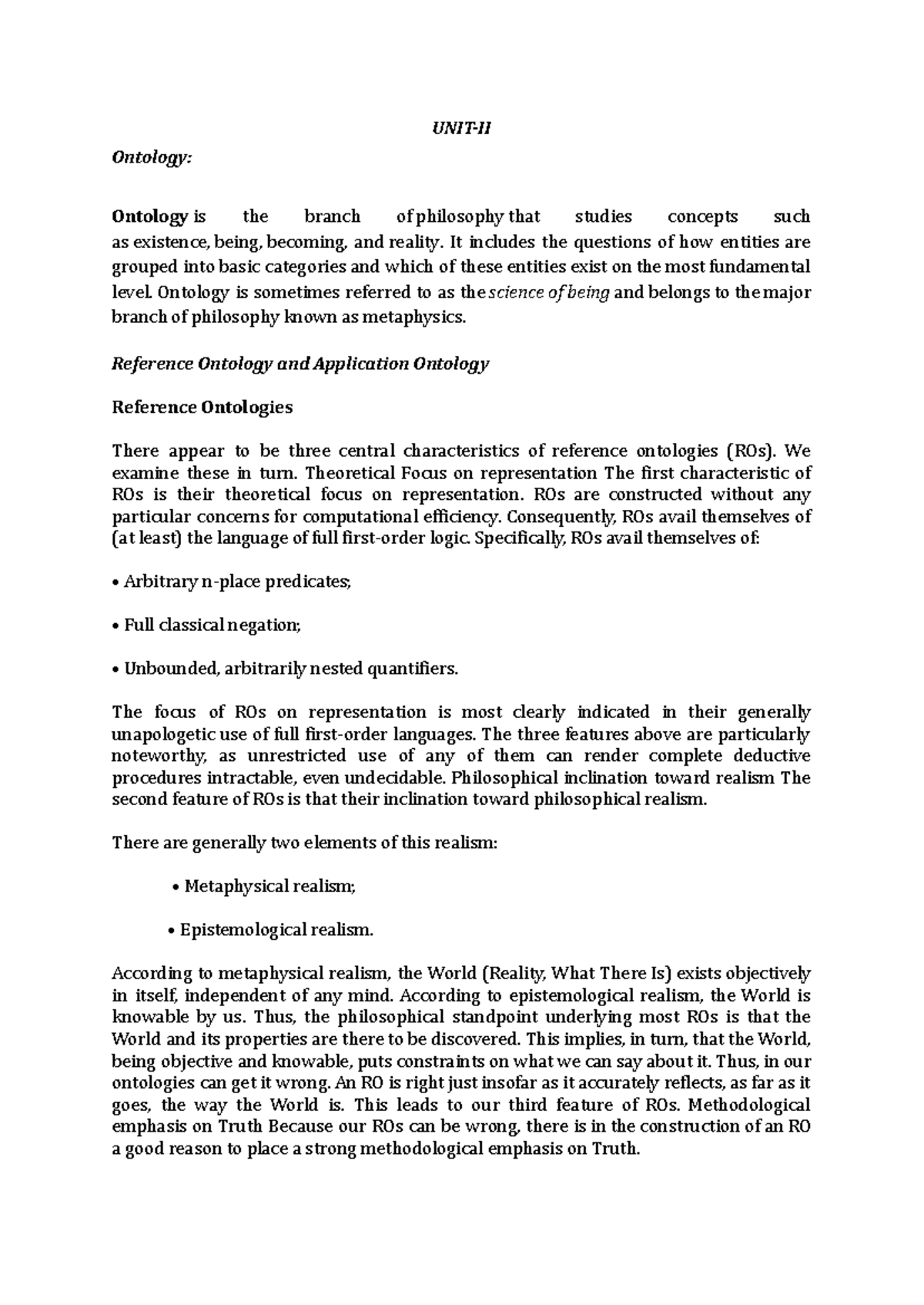POE UNIT II - unit 2 - UNIT-II Ontology: Ontology is the branch of philosophy that studies ...