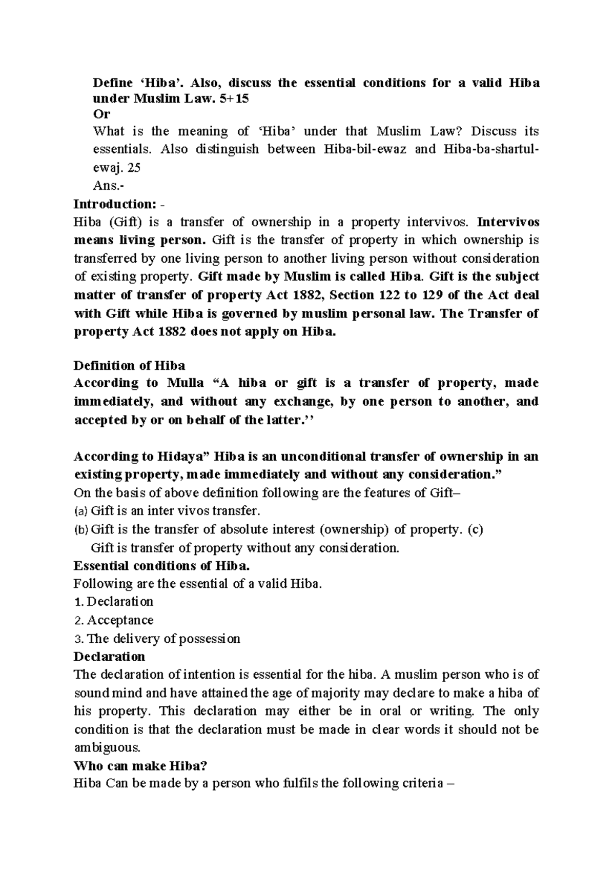 HIBA - Notes for the LLB 3rd Semester - Define ‘Hiba’. Also, discuss ...