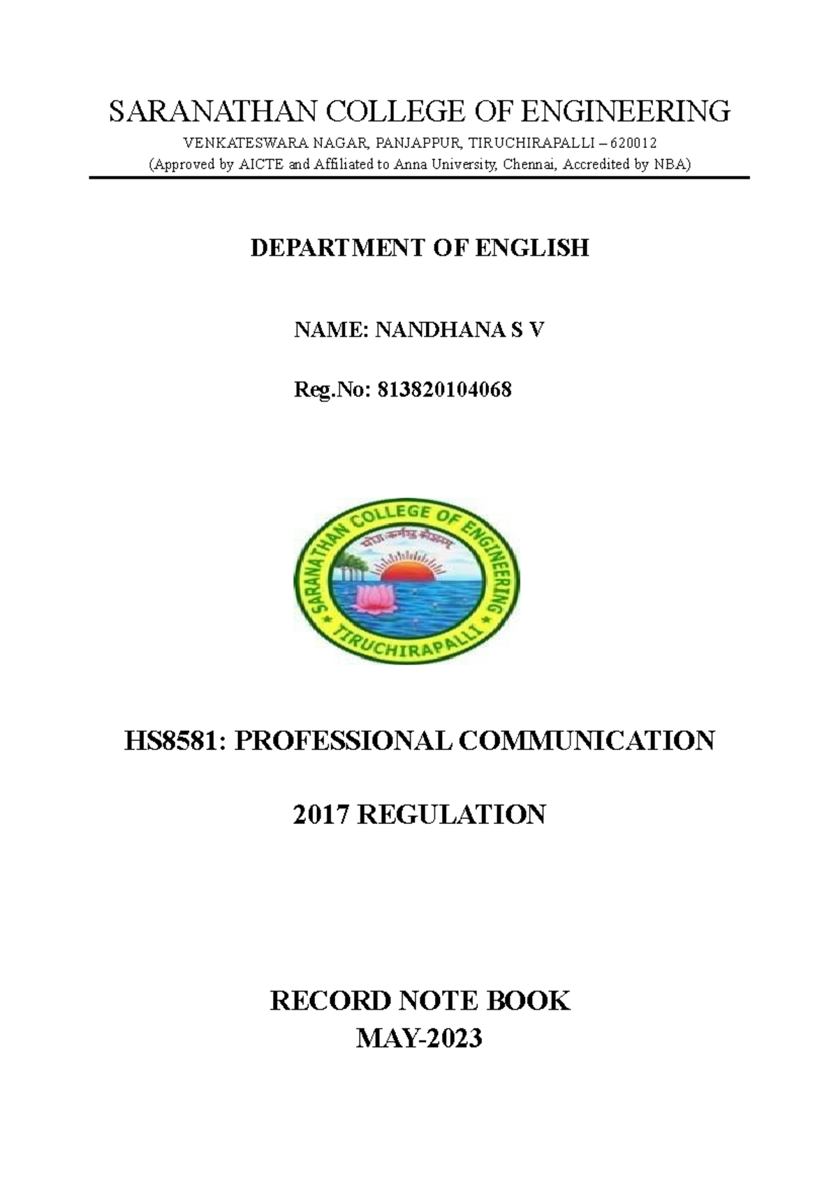 English lab - SARANATHAN COLLEGE OF ENGINEERING VENKATESWARA NAGAR ...