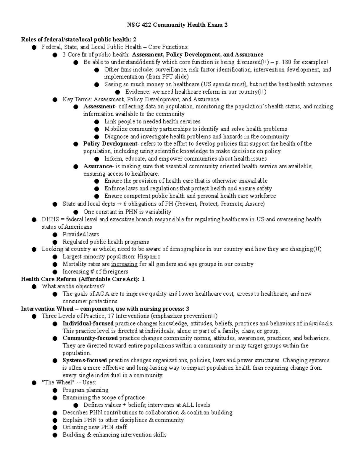 CH 412 exam review - NSG 422 Community Health Exam 2 Roles of federal ...