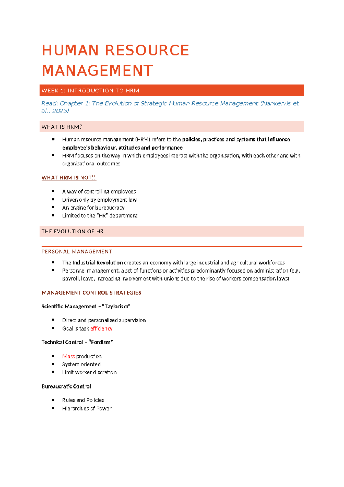 HRM Notes - HUMAN RESOURCE MANAGEMENT WEEK 1: INTRODUCTION TO HRM Read ...