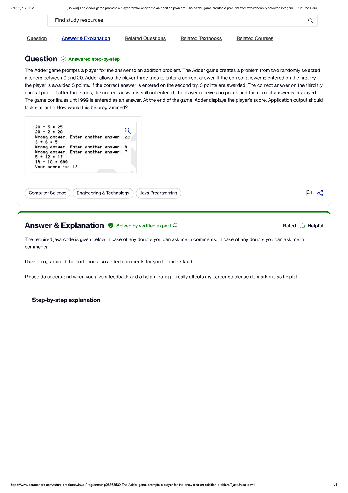 Solved The Adder Game Prompts A Player For The Answer To An Addition