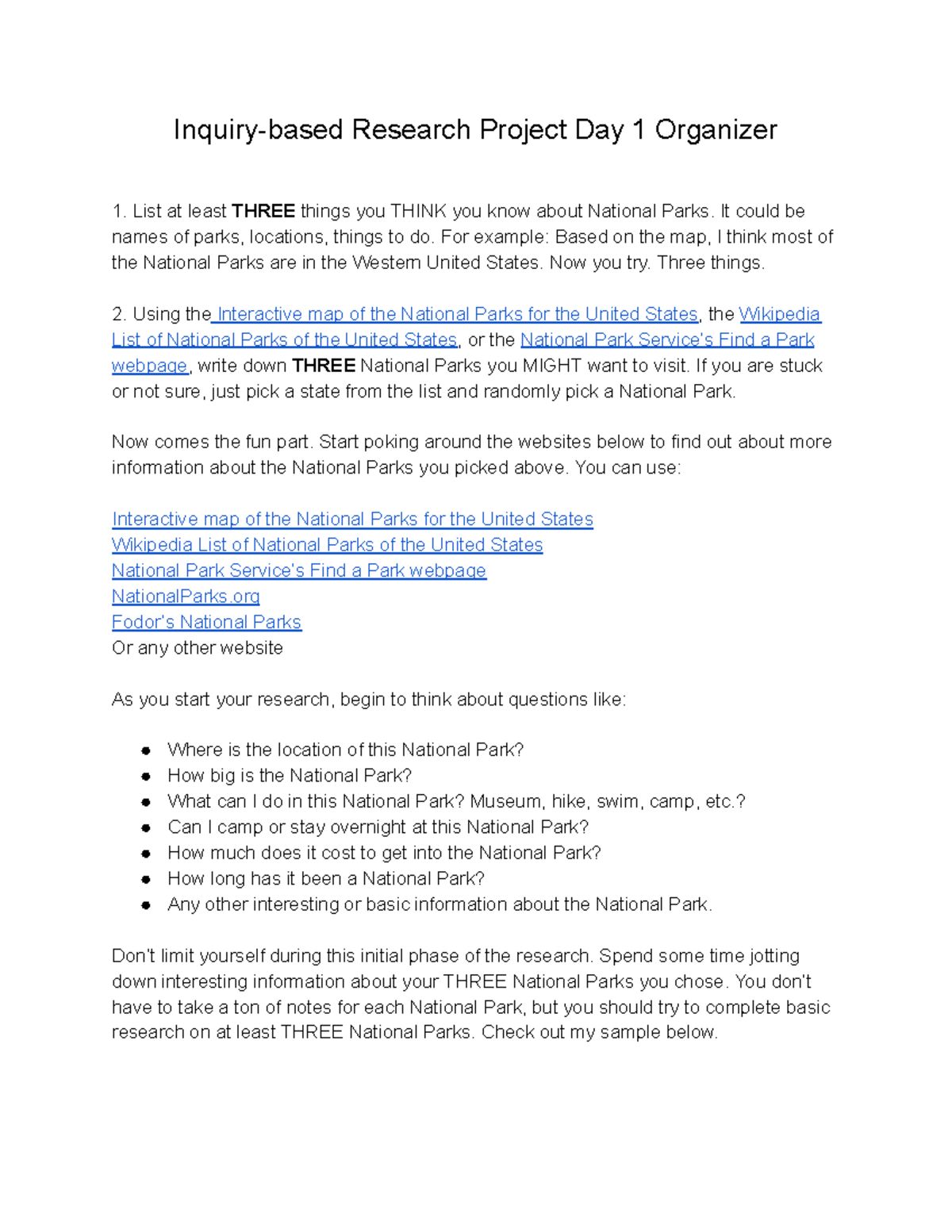 Inquiry-based Research Project Day 1 Organizer - Inquiry-based Research ...