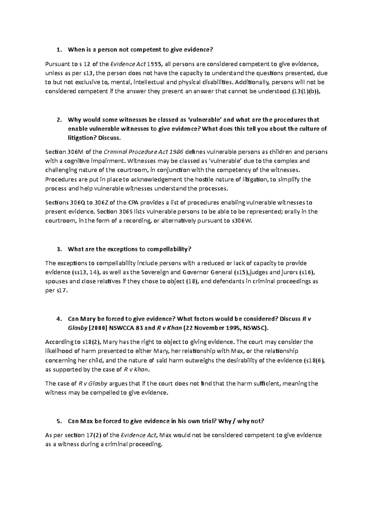 Evidence - Wk 3 Tutorial Questions - 1. When is a person not competent ...