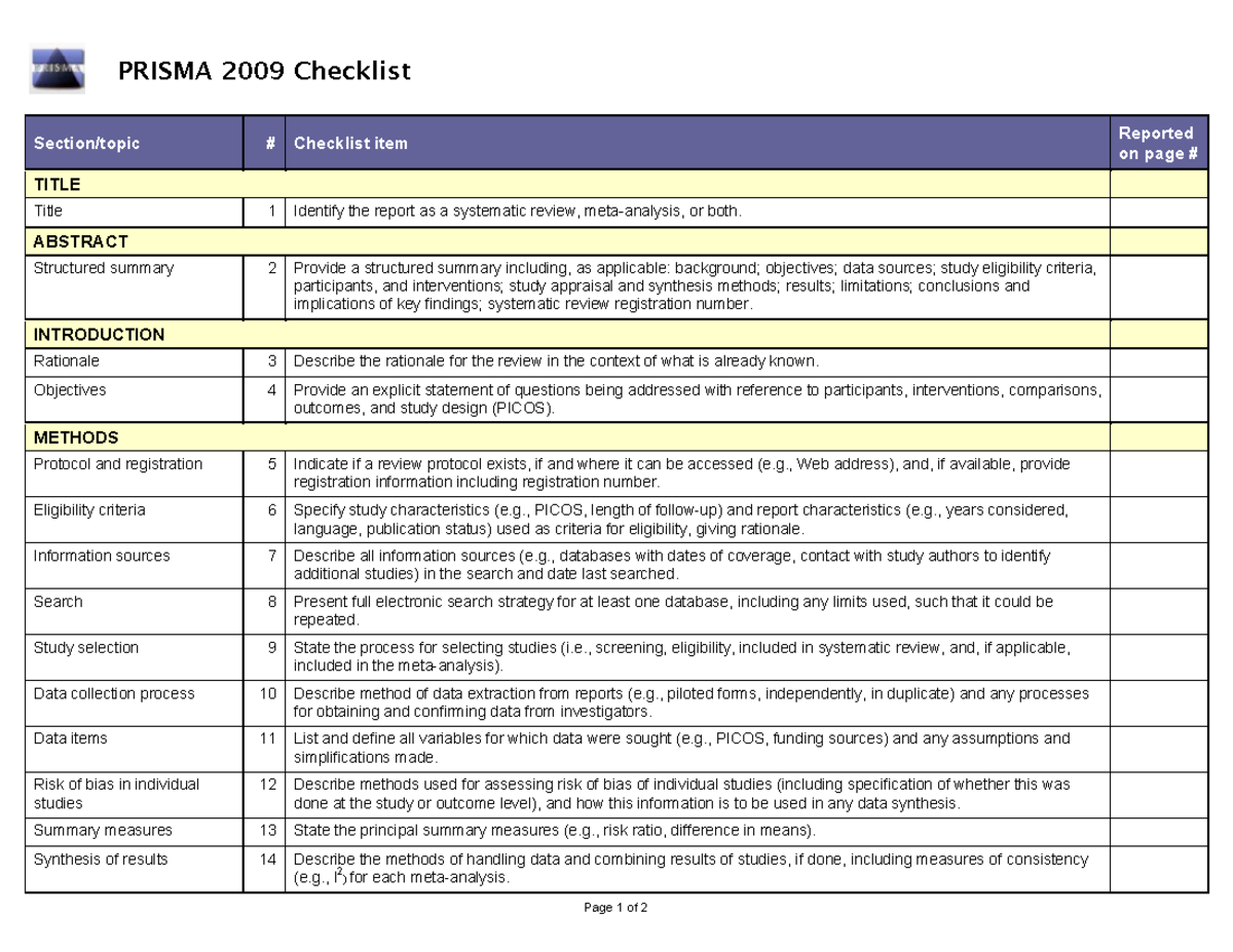 Prisma 2009 checklist - PRISMA 2009 Checklist Section/topic # Checklist ...