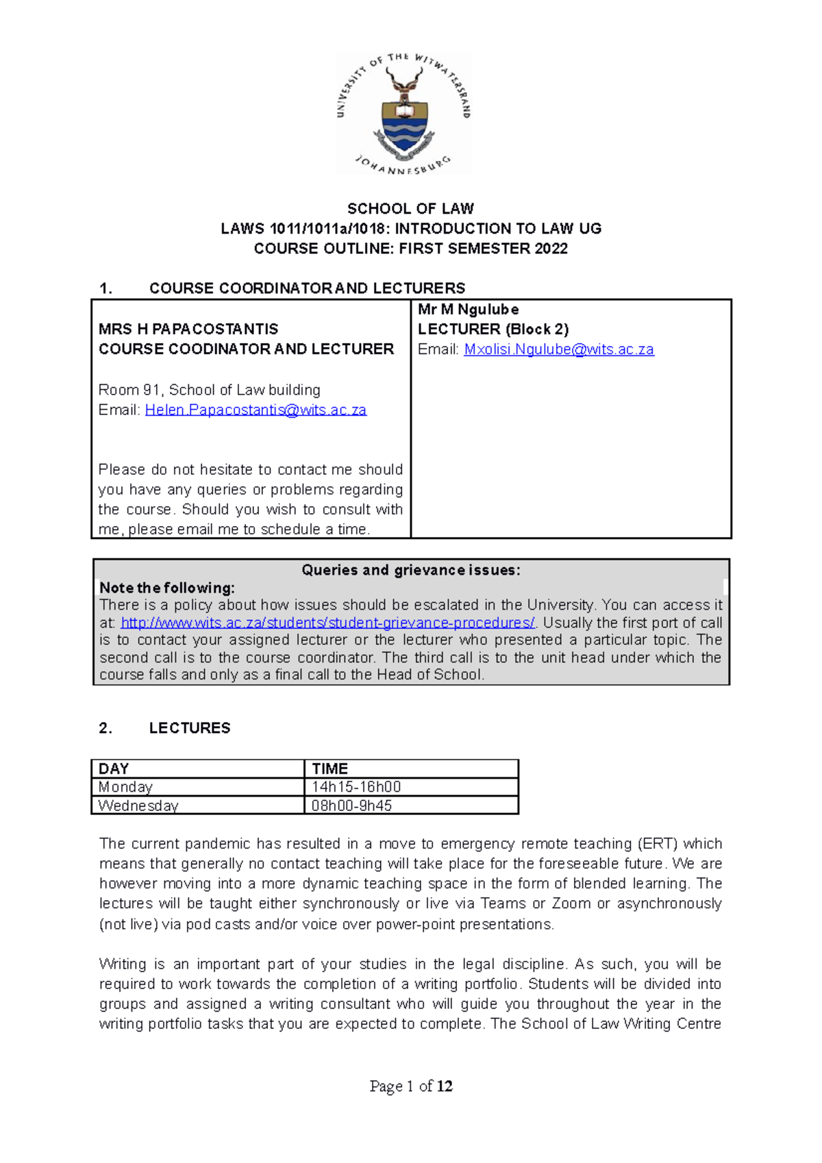 Intro TO LAW UG SEM1 Outline March 2022 - SCHOOL OF LAW LAWS 1011/1011a/1018: INTRODUCTION TO ...