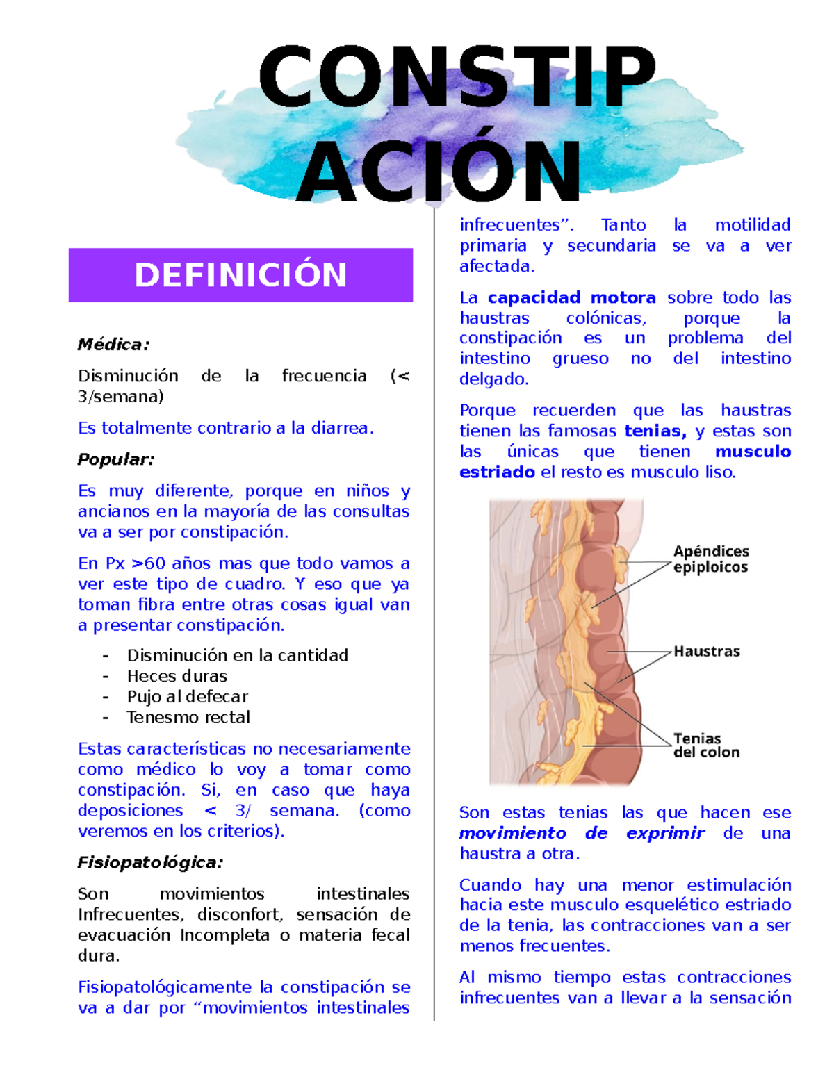 Constipacion - resumen de clase de constipación - Médica: Disminución ...