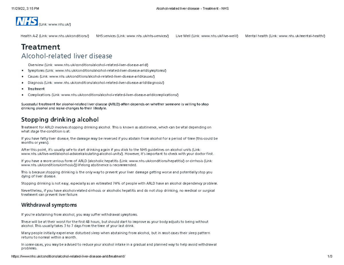 Alcohol-related liver disease - Treatment - NHS - Stopping drinking ...