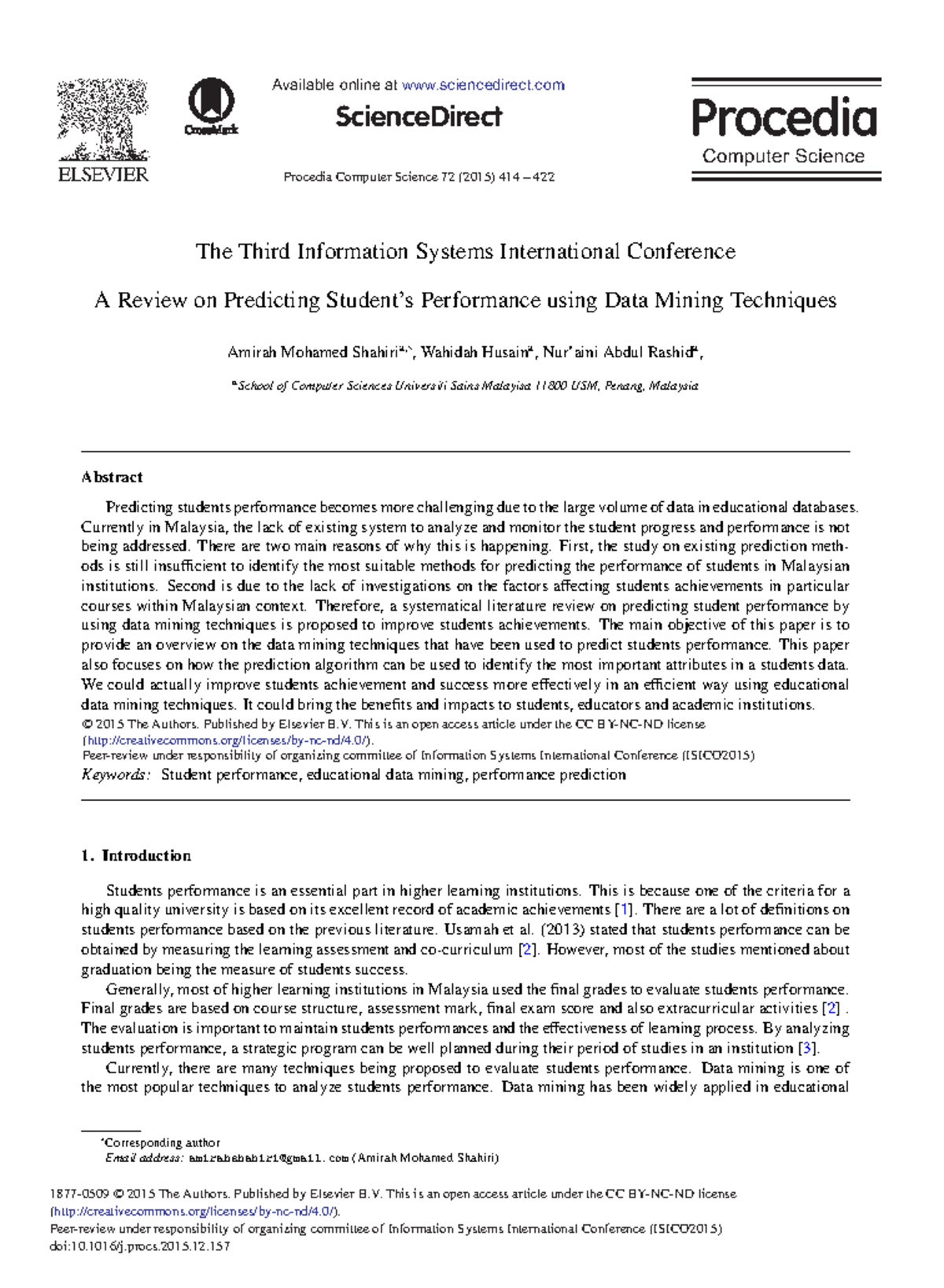 A Review on Predicting Student’s Performance using Data Mining Techniques - Procedia Computer ...