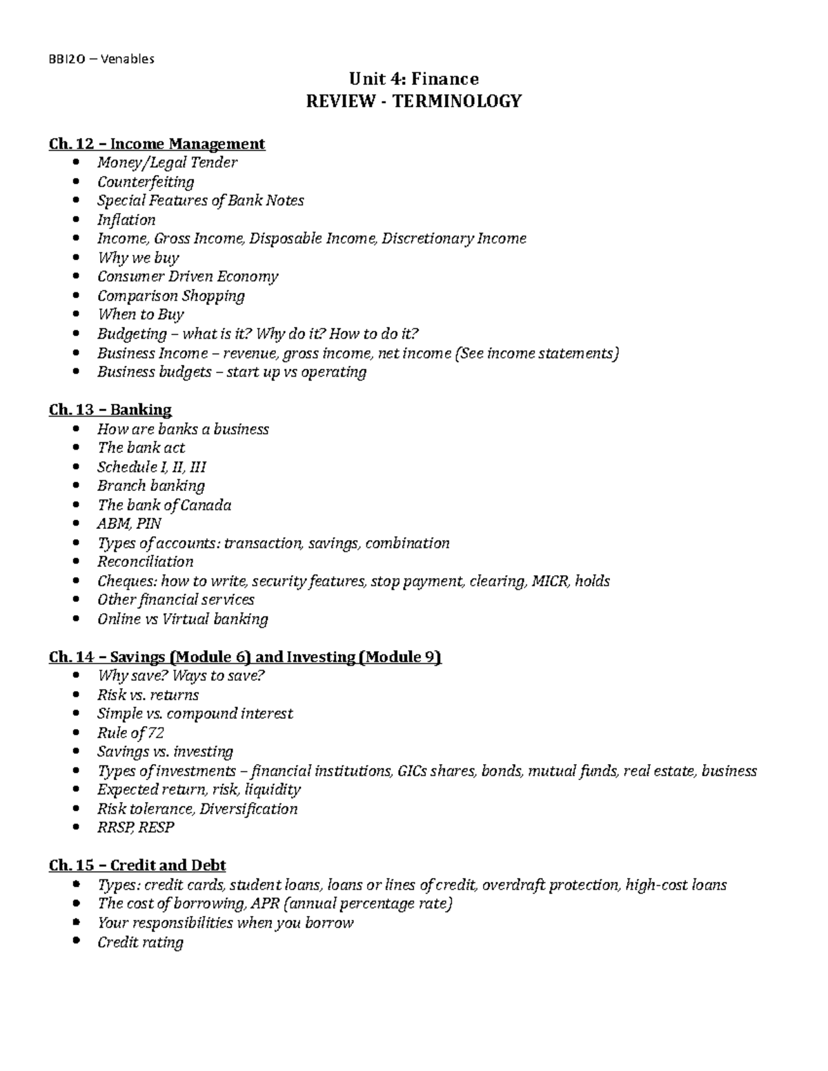 Review - Unit 4 - Finance - BBI2O – Venables Unit 4: Finance REVIEW ...