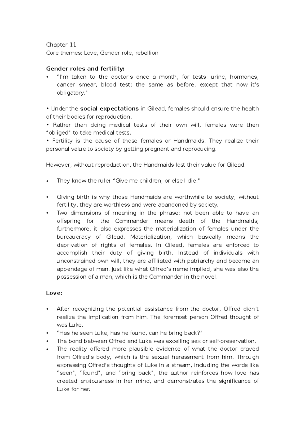 Chapter 11 notes - ops - Chapter 11 Core themes: Love, Gender role ...