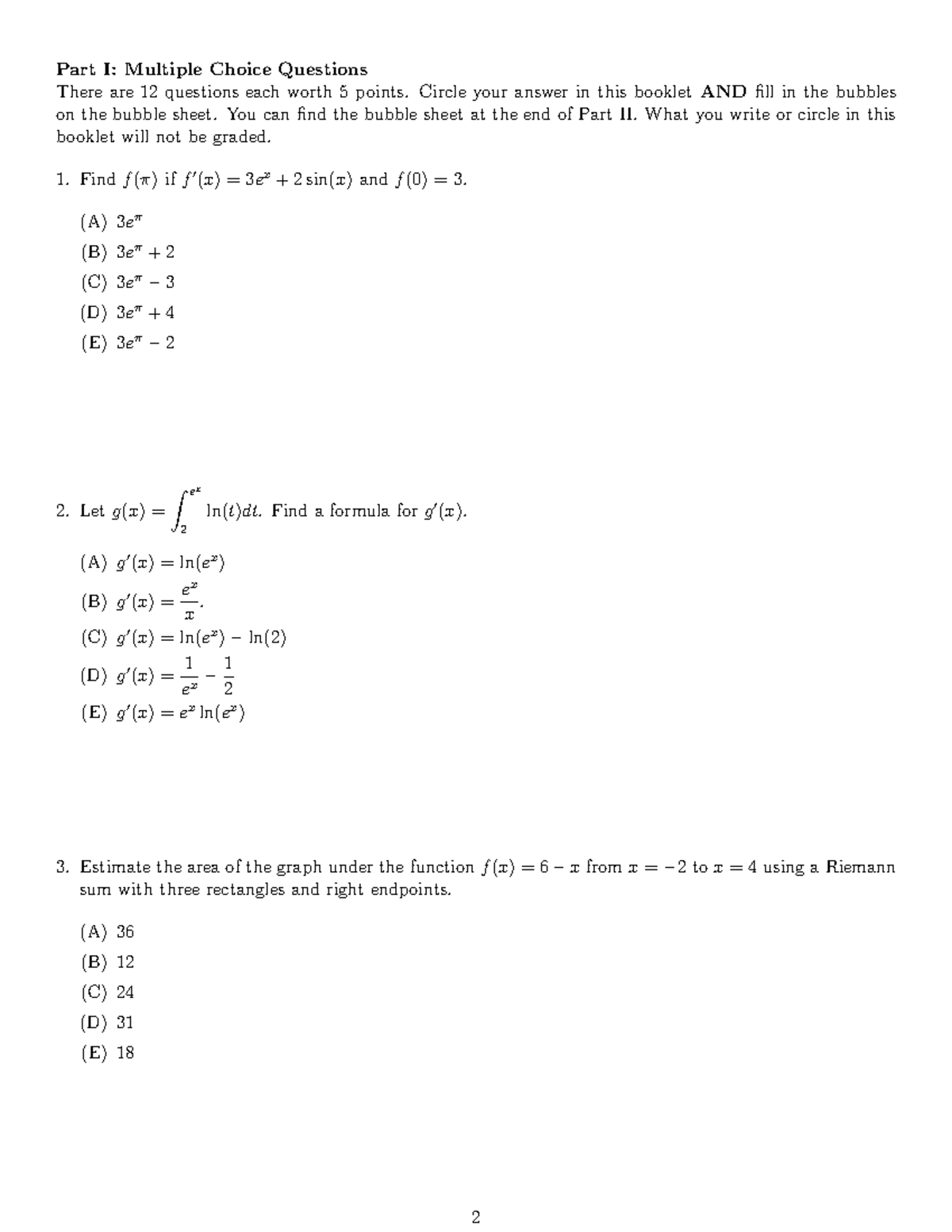 Test 3 Fall22 Practice Test For Calculus Part I Multiple Choice Questions There Are 12