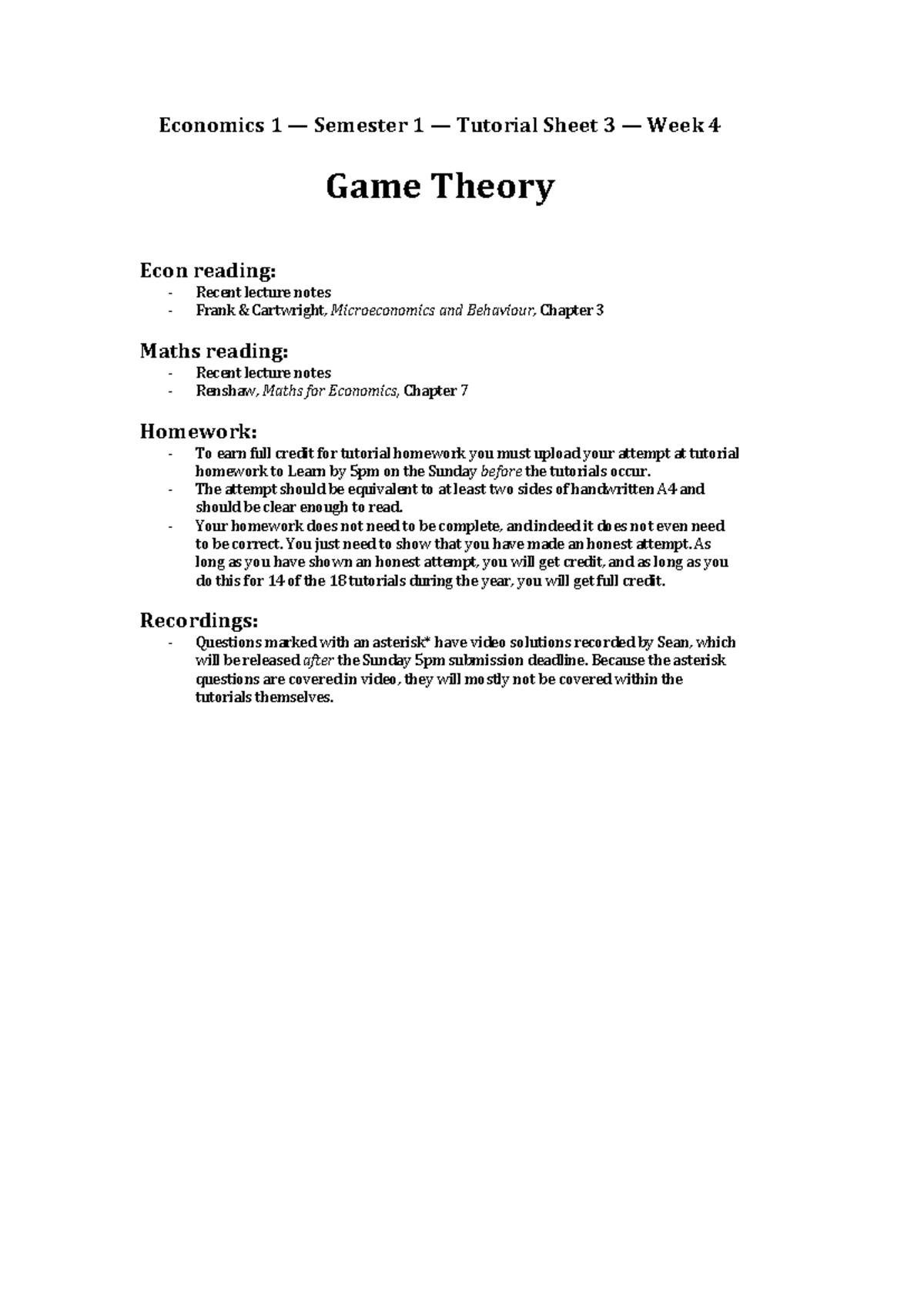GAME Theory Tutorial - Questions - Economics 1 — Semester 1 — Tutorial Sheet 3 — Week 4 Game ...