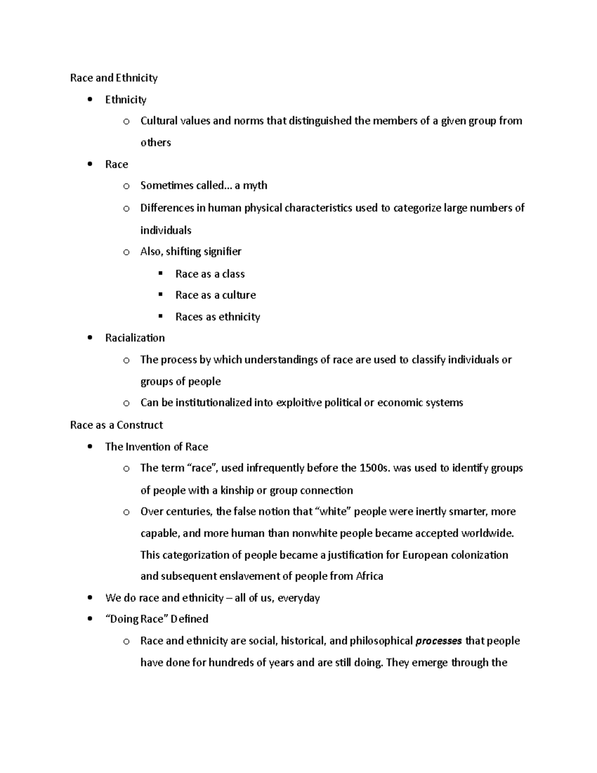 Race Notes - Good Class - Race and Ethnicity Ethnicity o Cultural ...