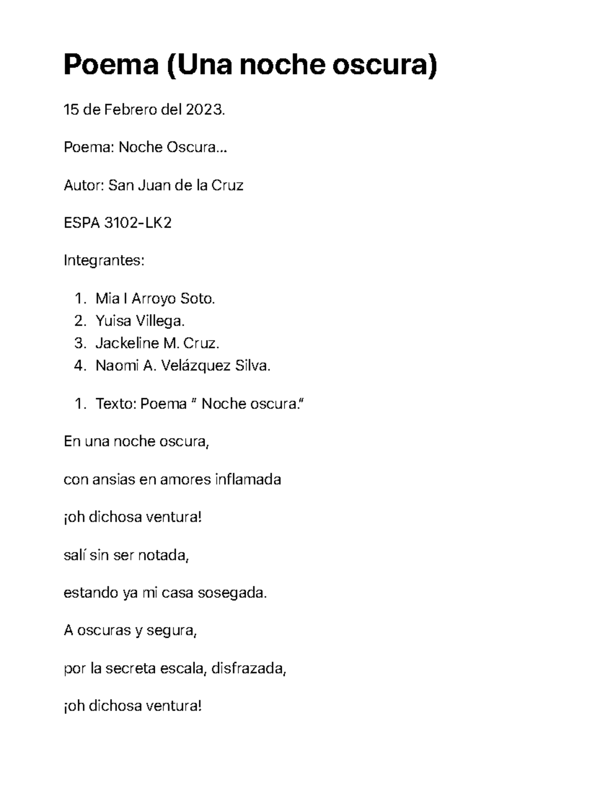 Poema (Una noche oscura) - Poema: Noche Oscura... Autor: San Juan de la ...