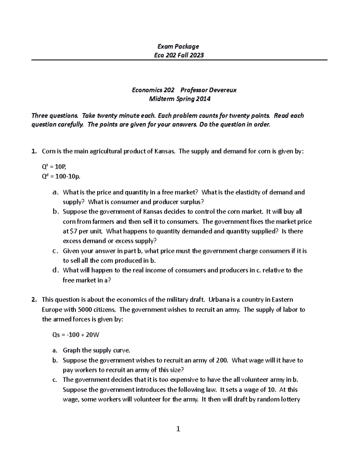 Exam Package fall 2023 - Exam Package Eco 202 Fall 2023 Economics 202 ...