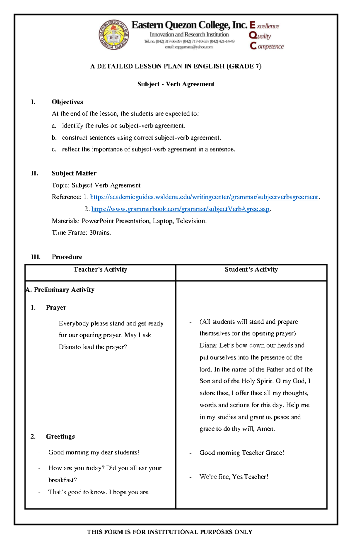 Lesson Plan for TAG - A DETAILED LESSON PLAN IN ENGLISH (GRADE 7 ...