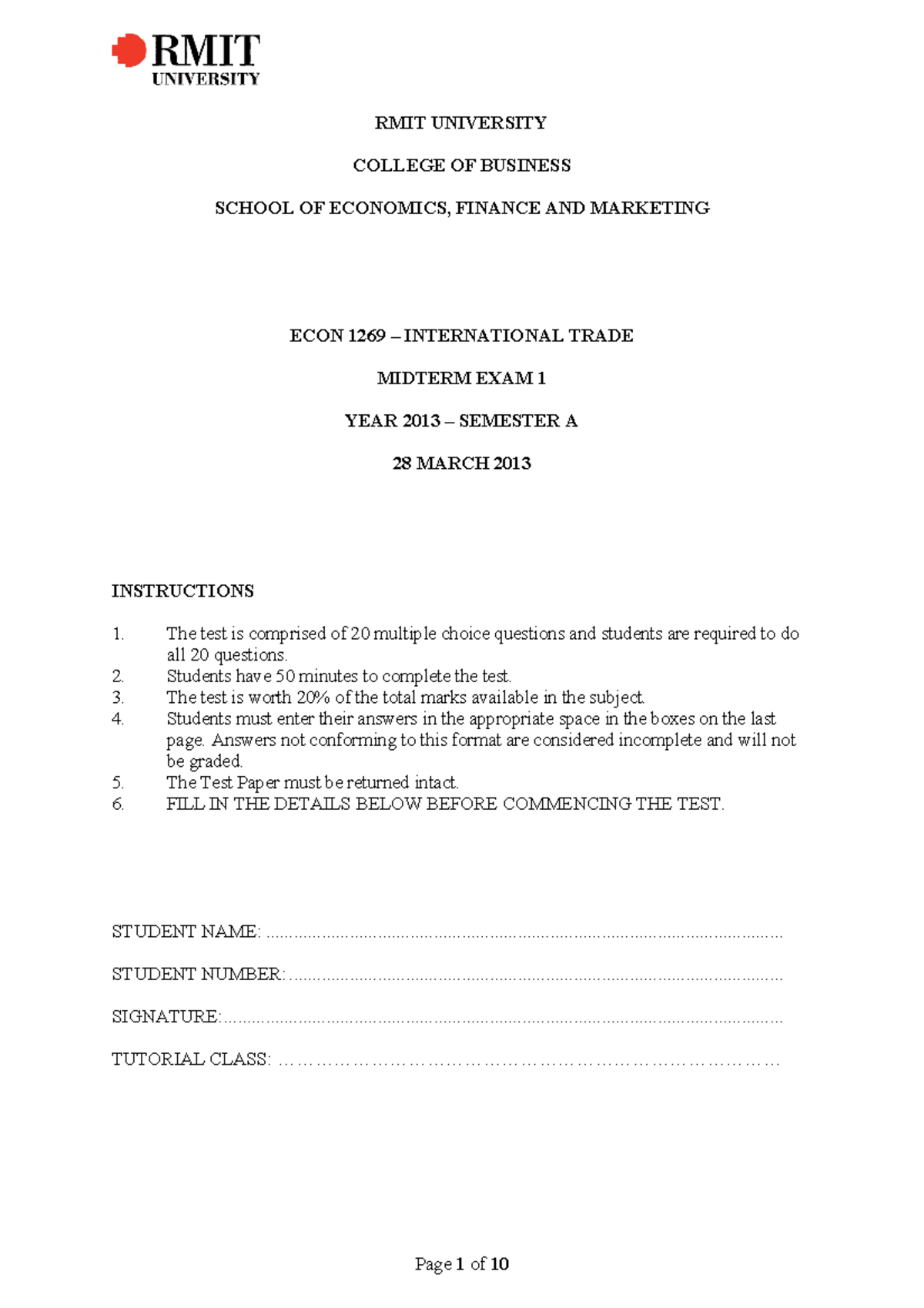 Exam 2013, Questions And Answers - Exam 1&2 - RMIT UNIVERSITY COLLEGE ...
