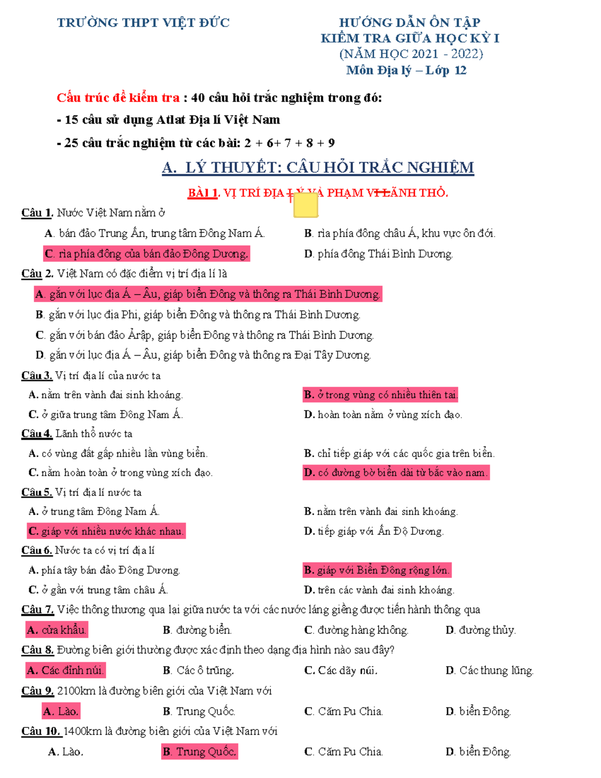 địa 12 gk 2 - mnhj - TRƯỜNG THPT VIỆT ĐỨC HƯỚNG DẪN ÔN TẬP KIỂM TRA ...