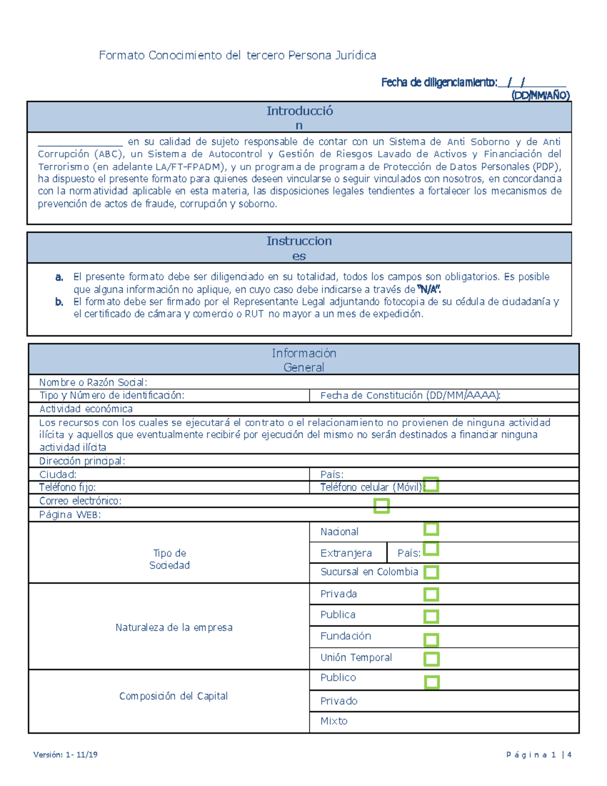 Formato KYC - Formato Conocimiento del tercero Persona Jurídica Versión: 1- 11/19 P á g i n a 1 ...
