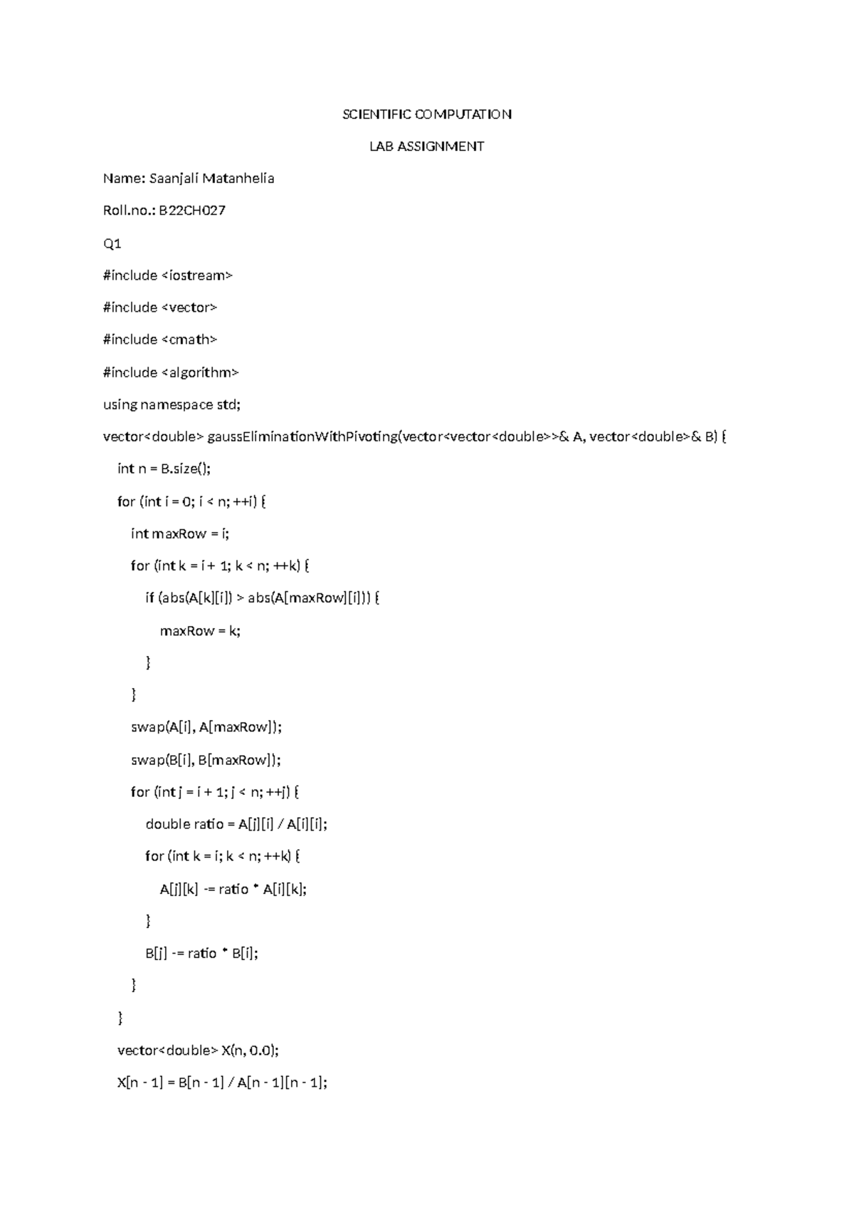 B22CH027 Sci Comp Lab Assignment 1 - SCIENTIFIC COMPUTATION LAB ASSIGNMENT Name: Saanjali ...