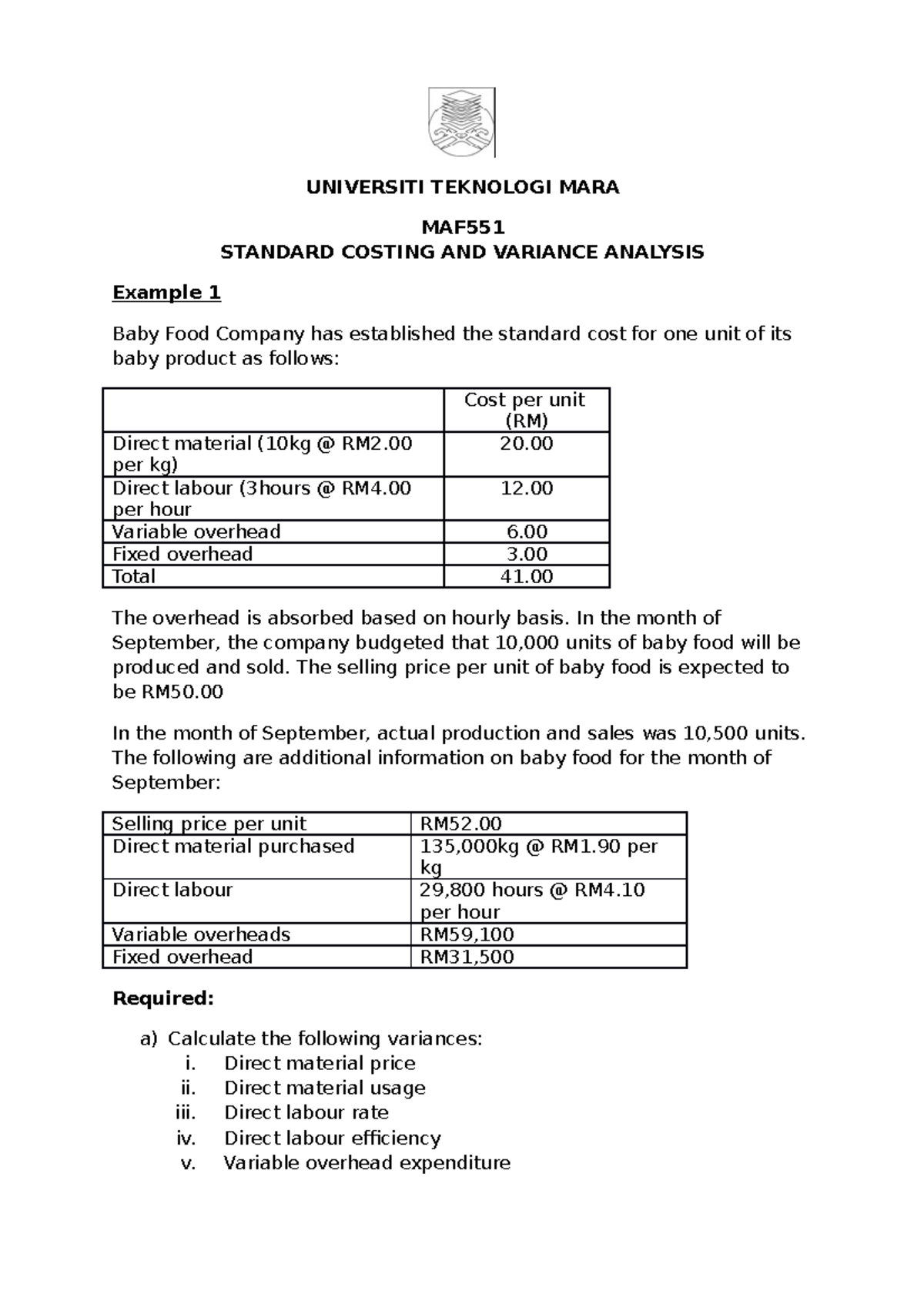Tutorial SCVA 1 - UNIVERSITI TEKNOLOGI MARA MAF STANDARD COSTING AND ...