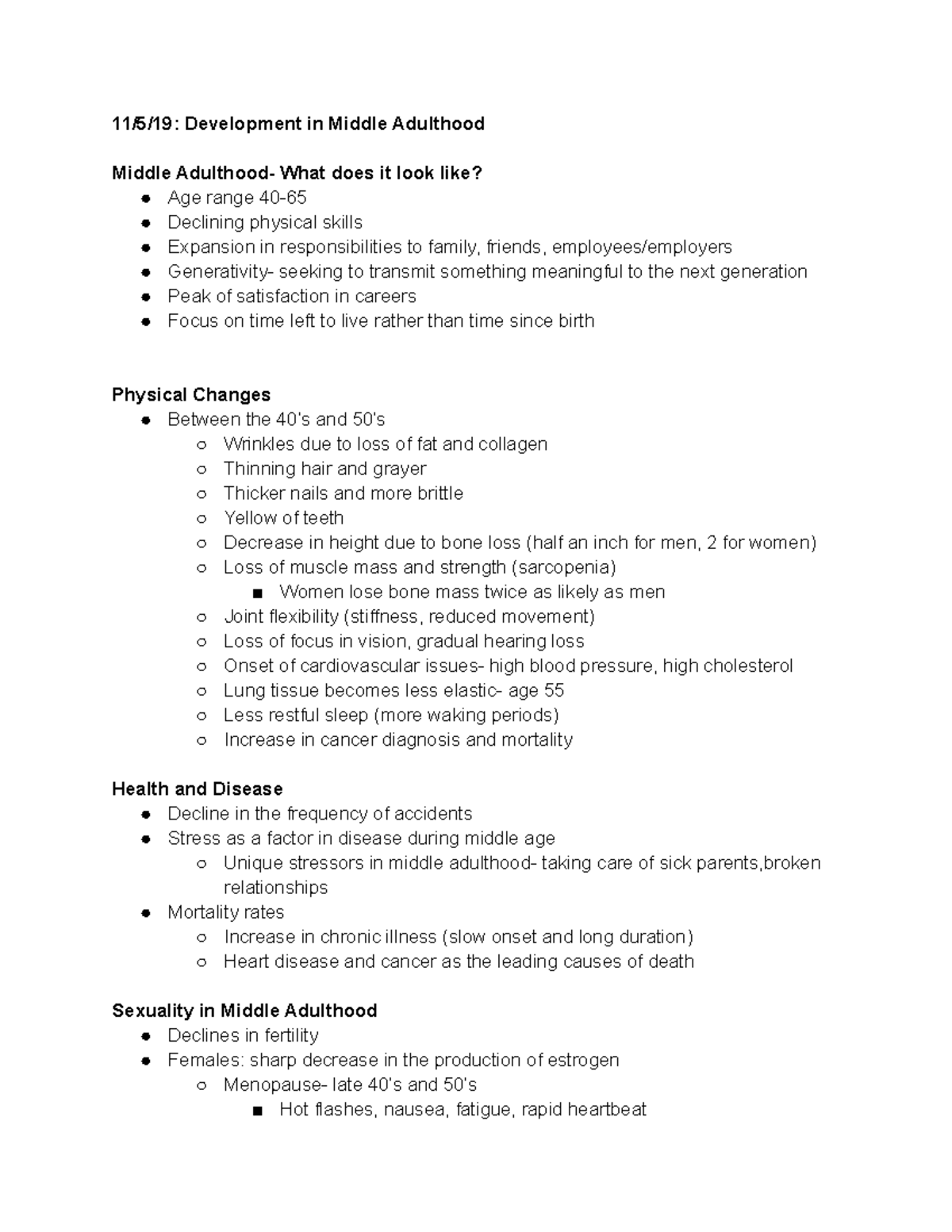 Test 4 Notes - bonney - 11/5/19: Development in Middle Adulthood Middle ...