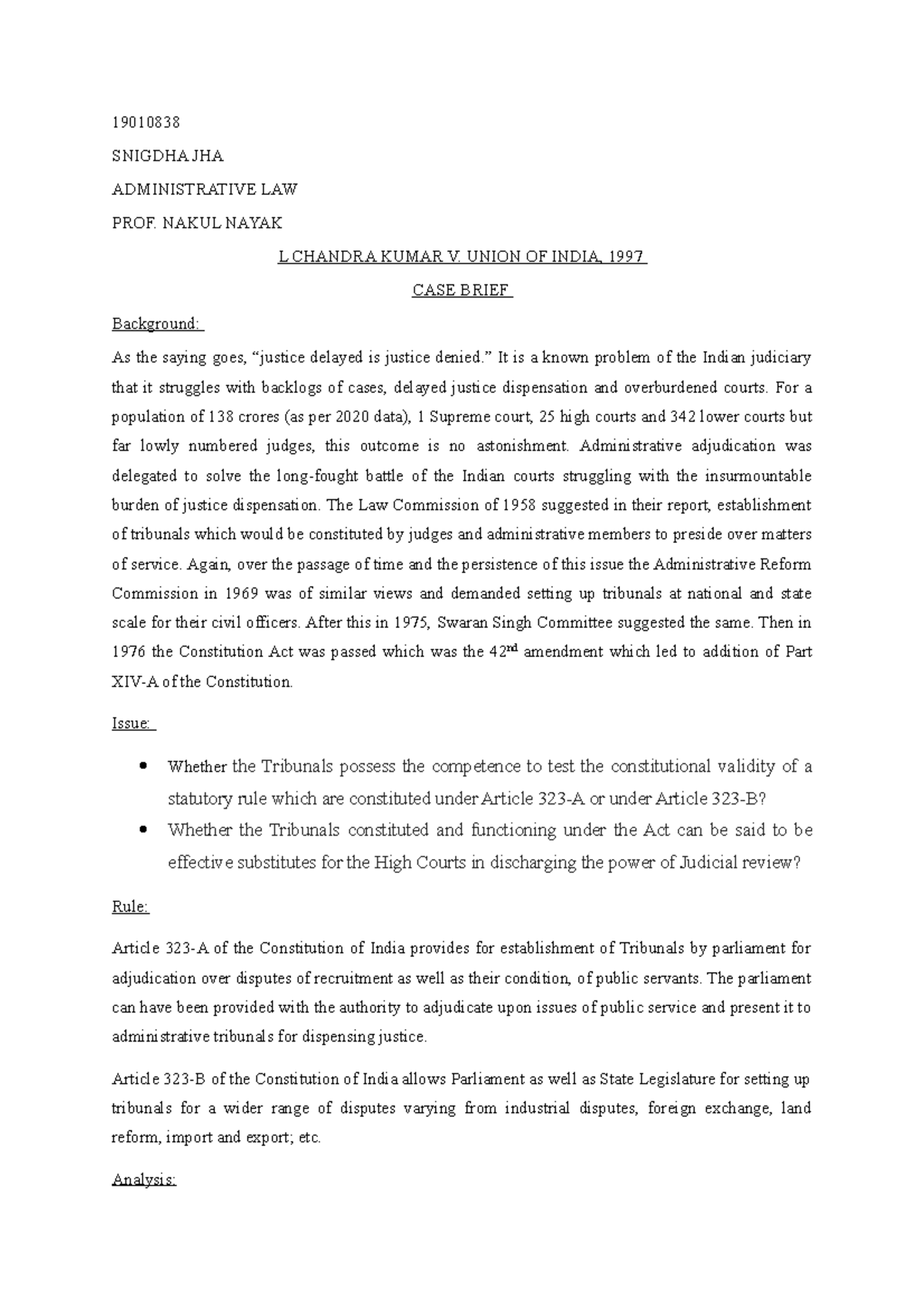 Admin LAW CASE Brief - 19010838 SNIGDHA JHA ADMINISTRATIVE LAW PROF ...