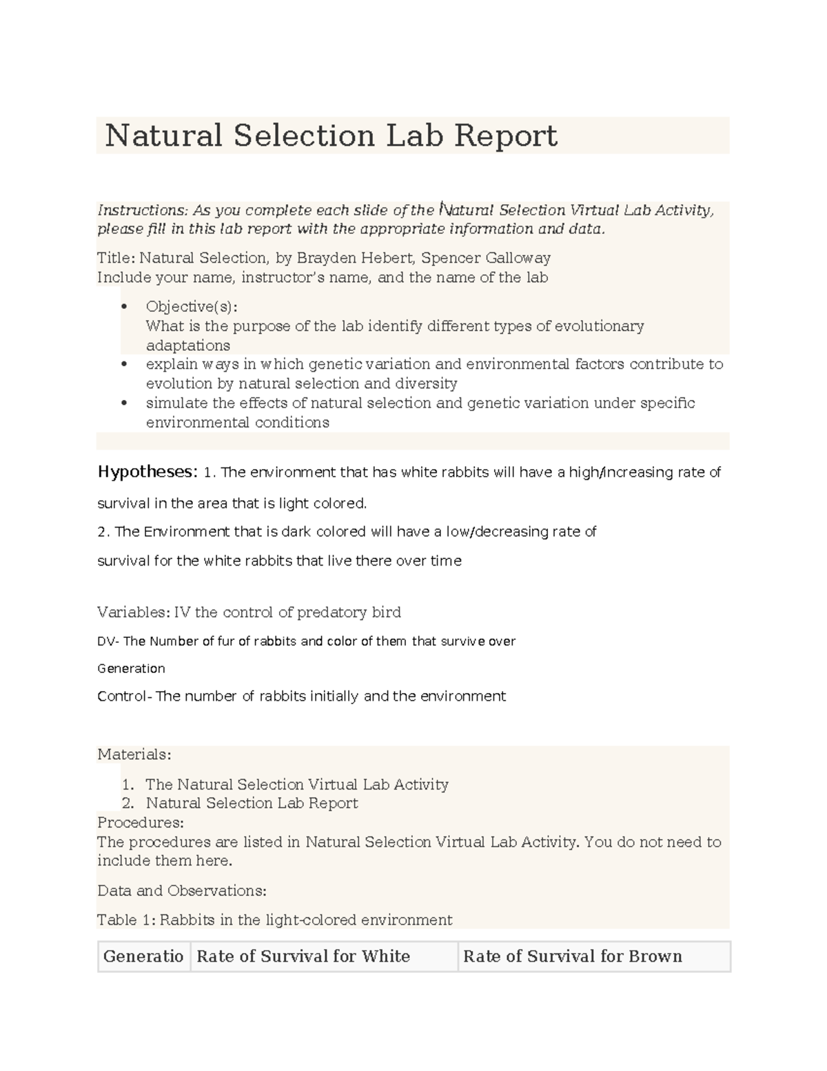 Natural Selection Lab Report - Natural Selection Lab Report Instructions: As you complete each ...