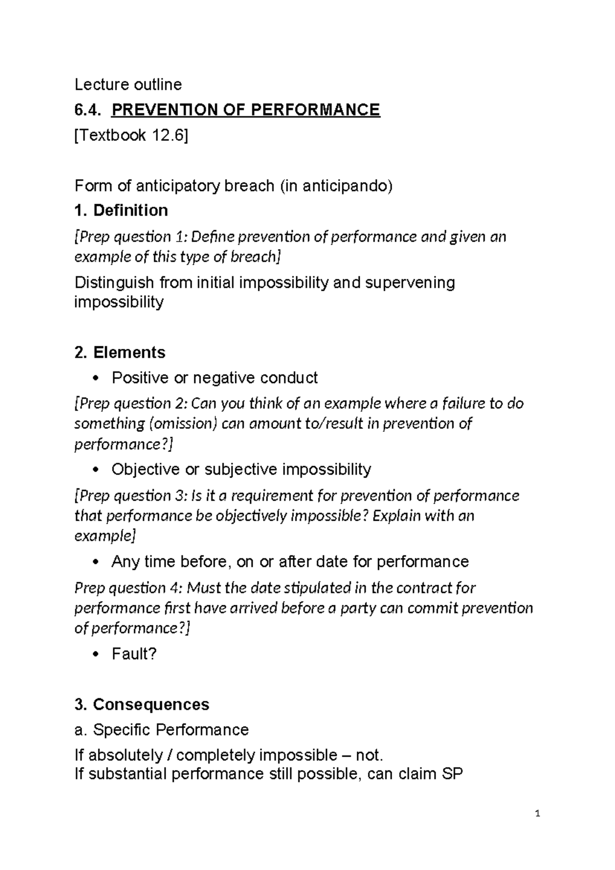 Lecture outline breach 6.4 prevention of performance - Lecture outline 6. PREVENTION OF ...
