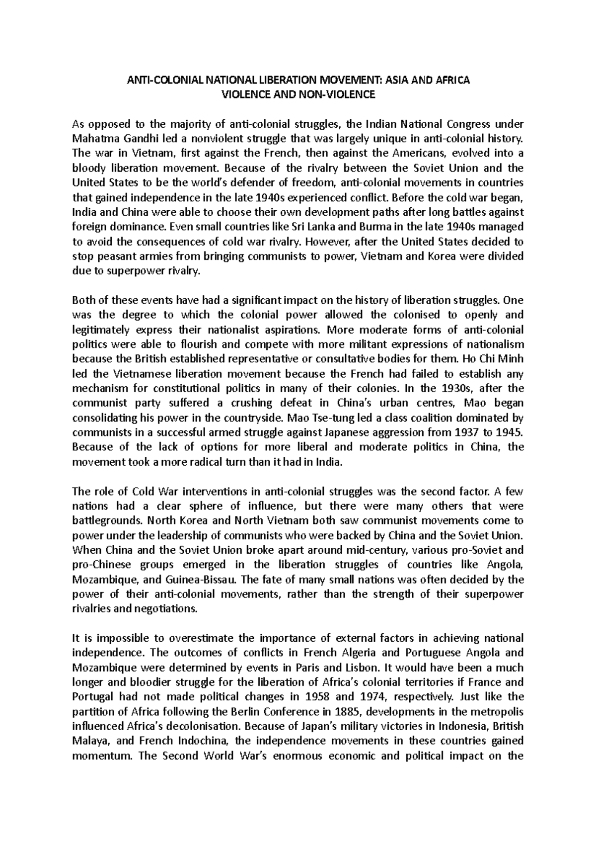 ANTI- Colonial National Liberation Movement- ASIA AND Africa - Violence ...