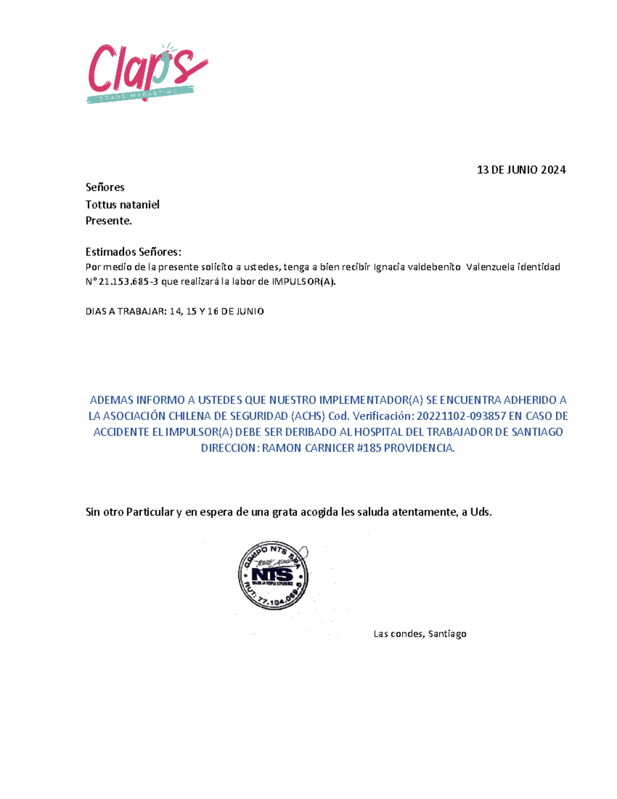 Contrato, Carta Y Credencial - 13 DE JUNIO 2024 Señores Tottus nataniel ...