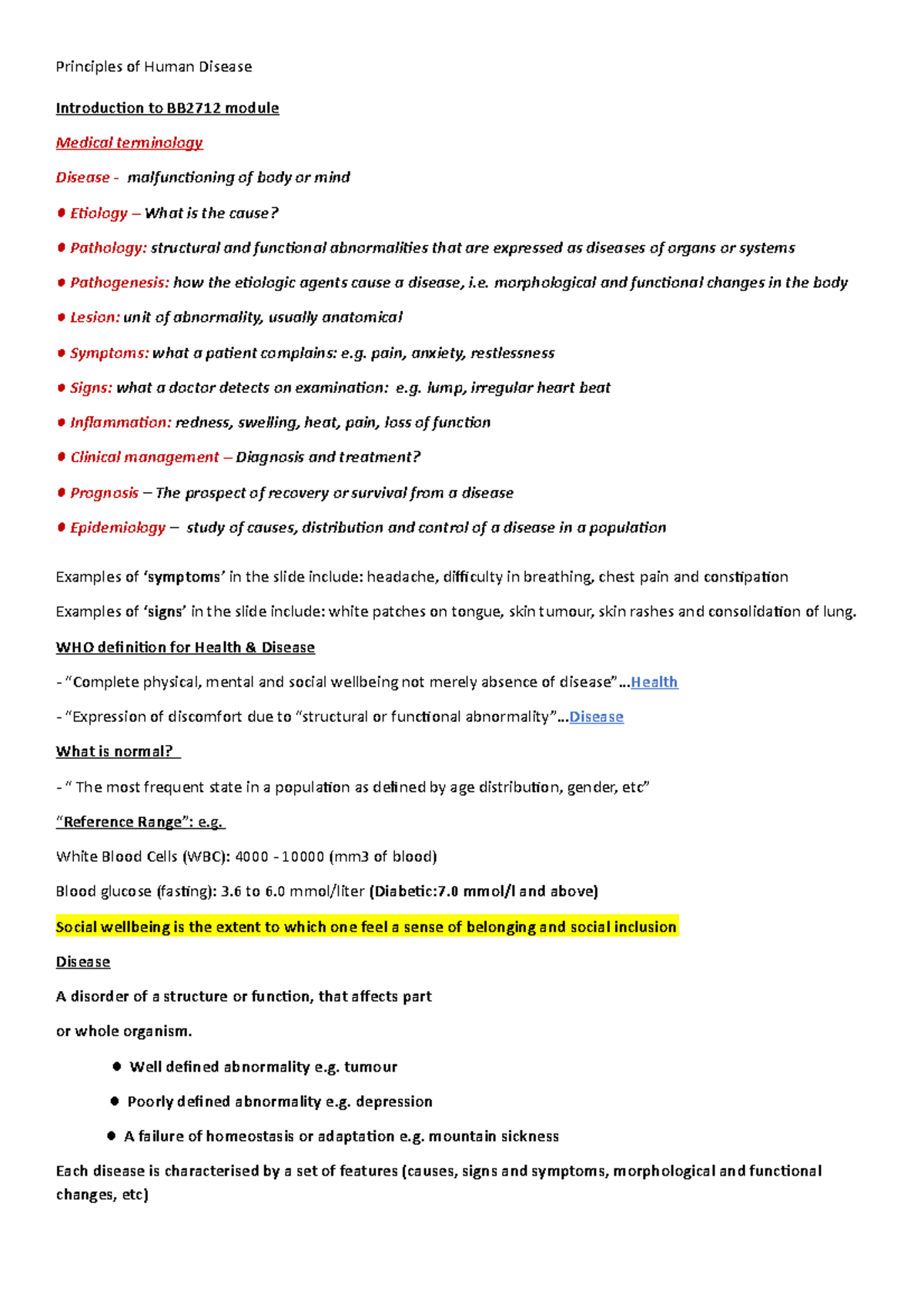 Principles OF Human Disease WEEK 1 - Introduction to BB2712 module ...