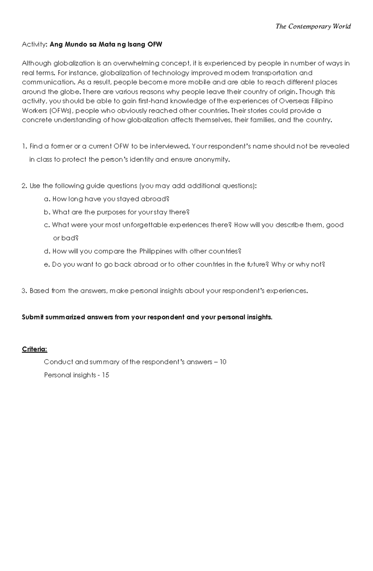 Ang Mundo sa Mata ng Isang OFW - The Contemporary World Activity: Ang ...