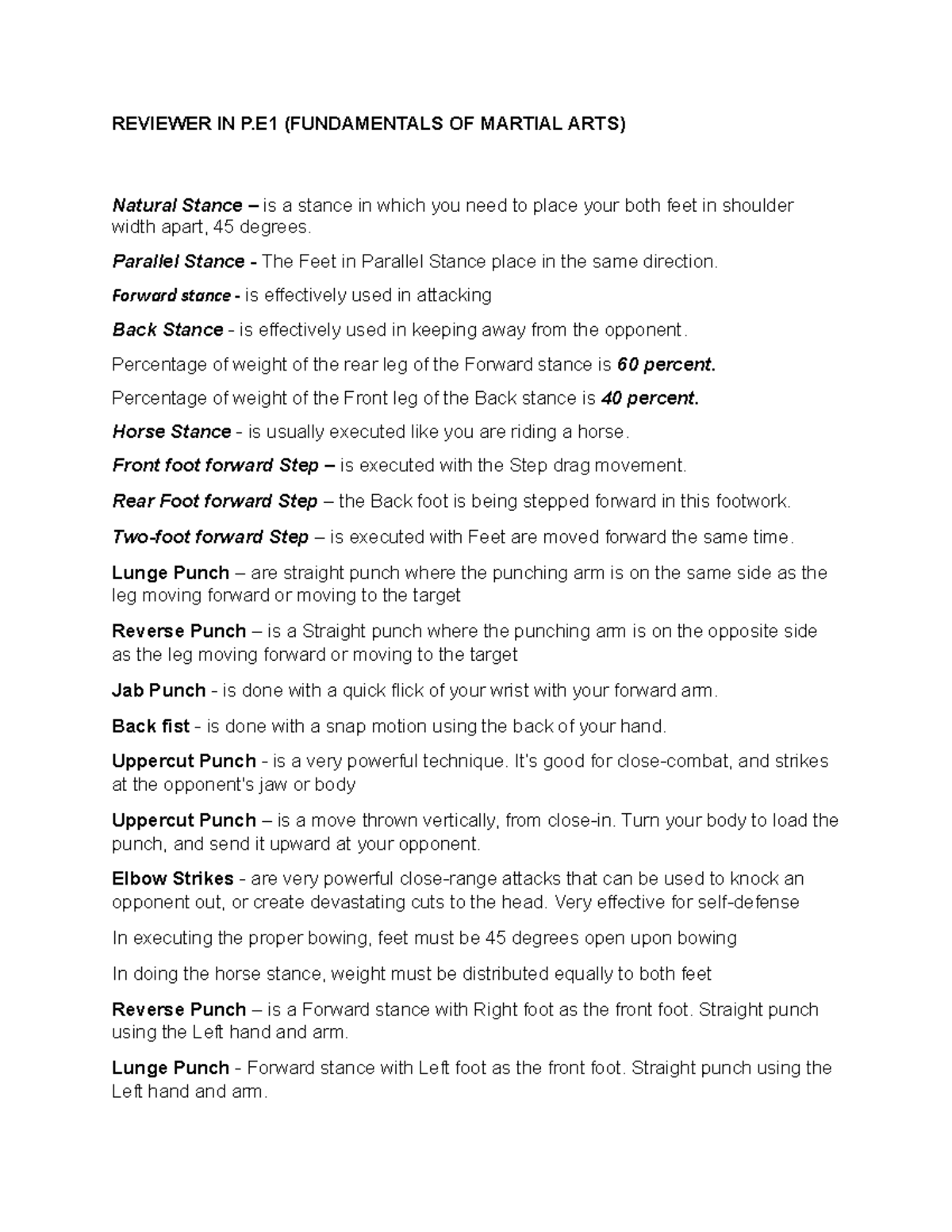 Reviewer IN PE1 Prelims - REVIEWER IN P (FUNDAMENTALS OF MARTIAL ARTS ...