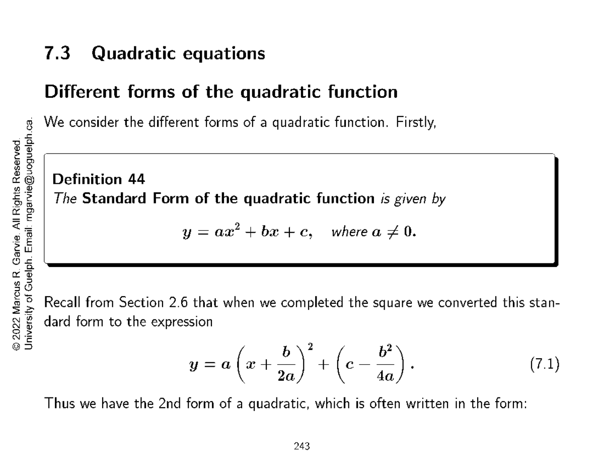quadratic eqns flat - 7 Quadratic equations Different forms of the ...