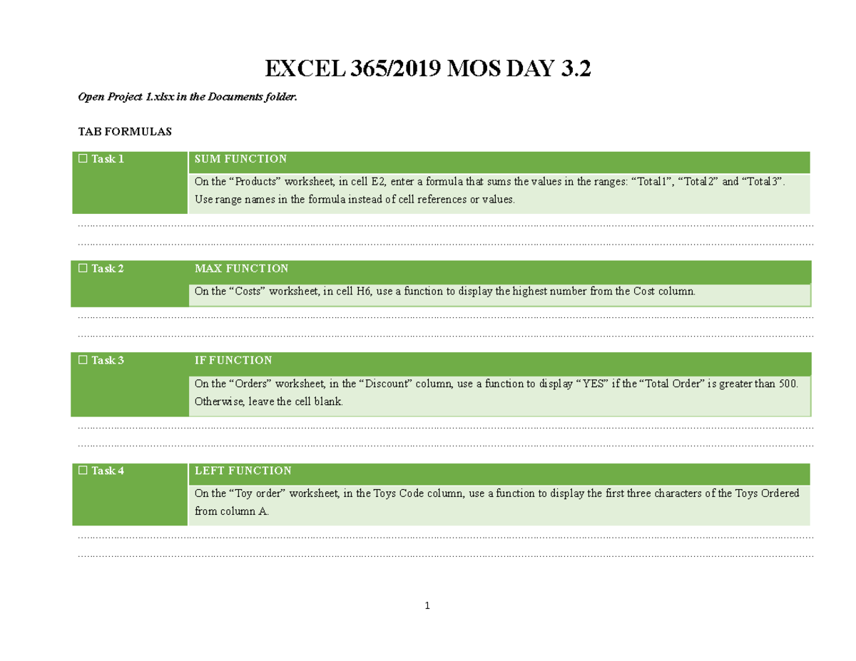 DAY 3 - ooo - EXCEL 365/2019 MOS DAY 3. Open Project 1 in the Documents ...