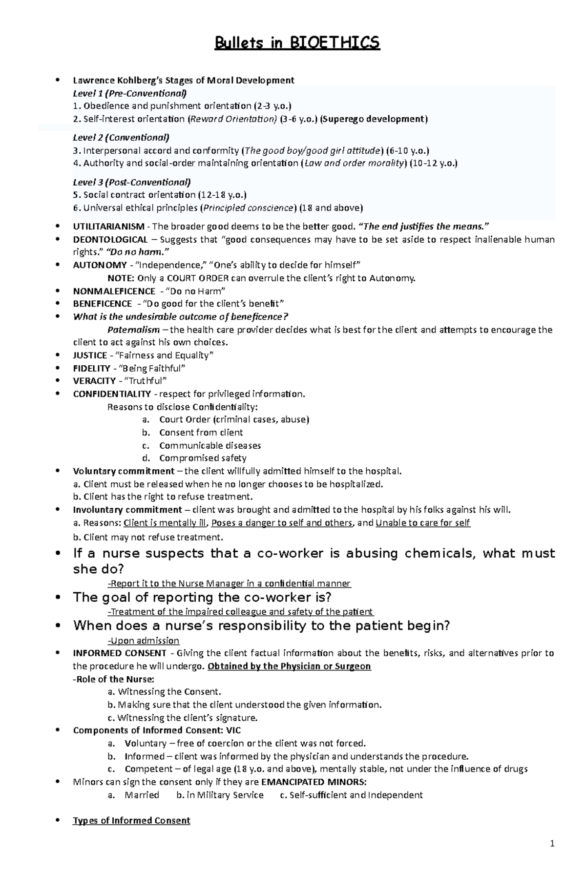 Bullets-in-bioethics - Bullets in BIOETHICS Lawrence Kohlberg’s Stages ...