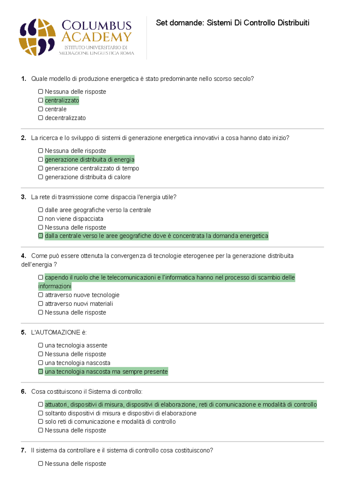 Sistemi DI Controllo Distribuiti - Set domande: Sistemi Di Controllo ...