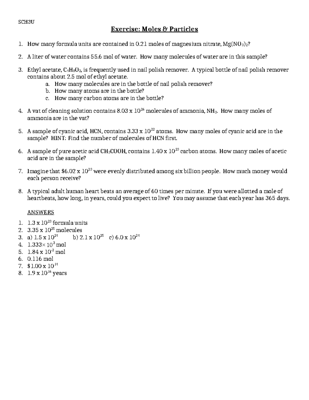 2) WS and KEY Exercise - Moles and Particles - SCH3U Exercise: Moles ...
