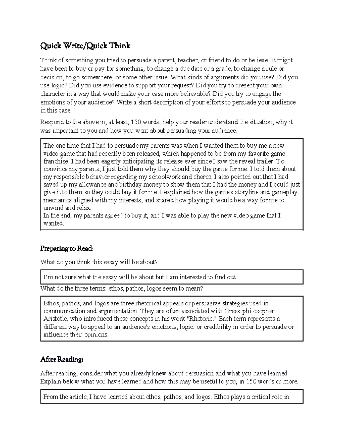 Three Ways to Persuade - Pre Read and Reaction - Quick Write/Quick ...