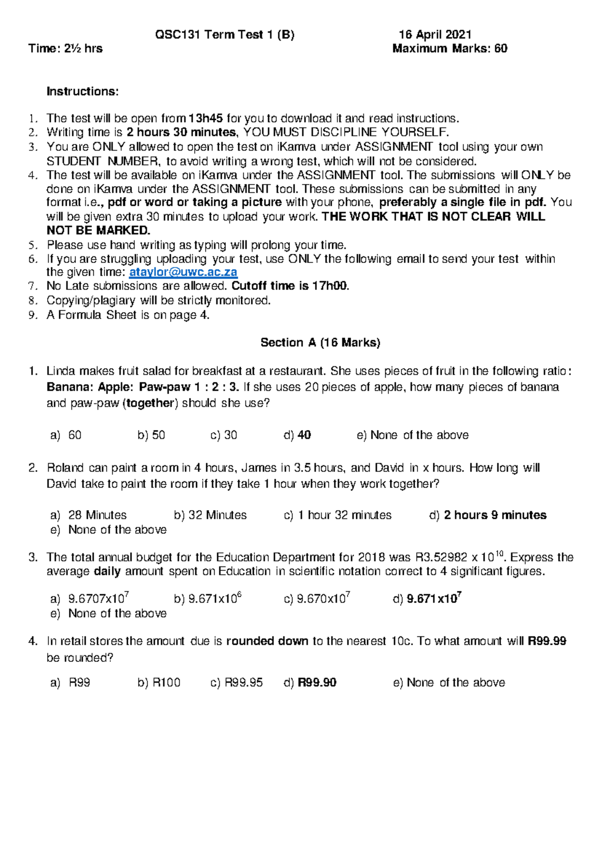 QSC131 2021 Term Test 1B - QSC131 Term Test 1 (B) 16 April 2021 Time ...