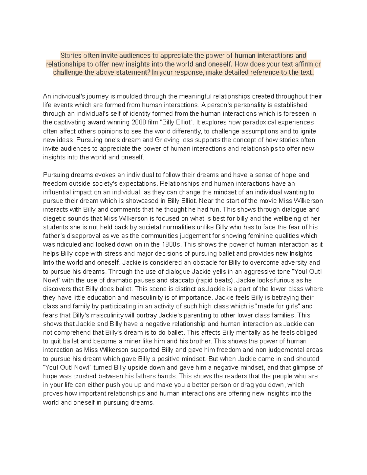 English Hoilday Essay Billy Elliot - Stories often invite audiences to ...