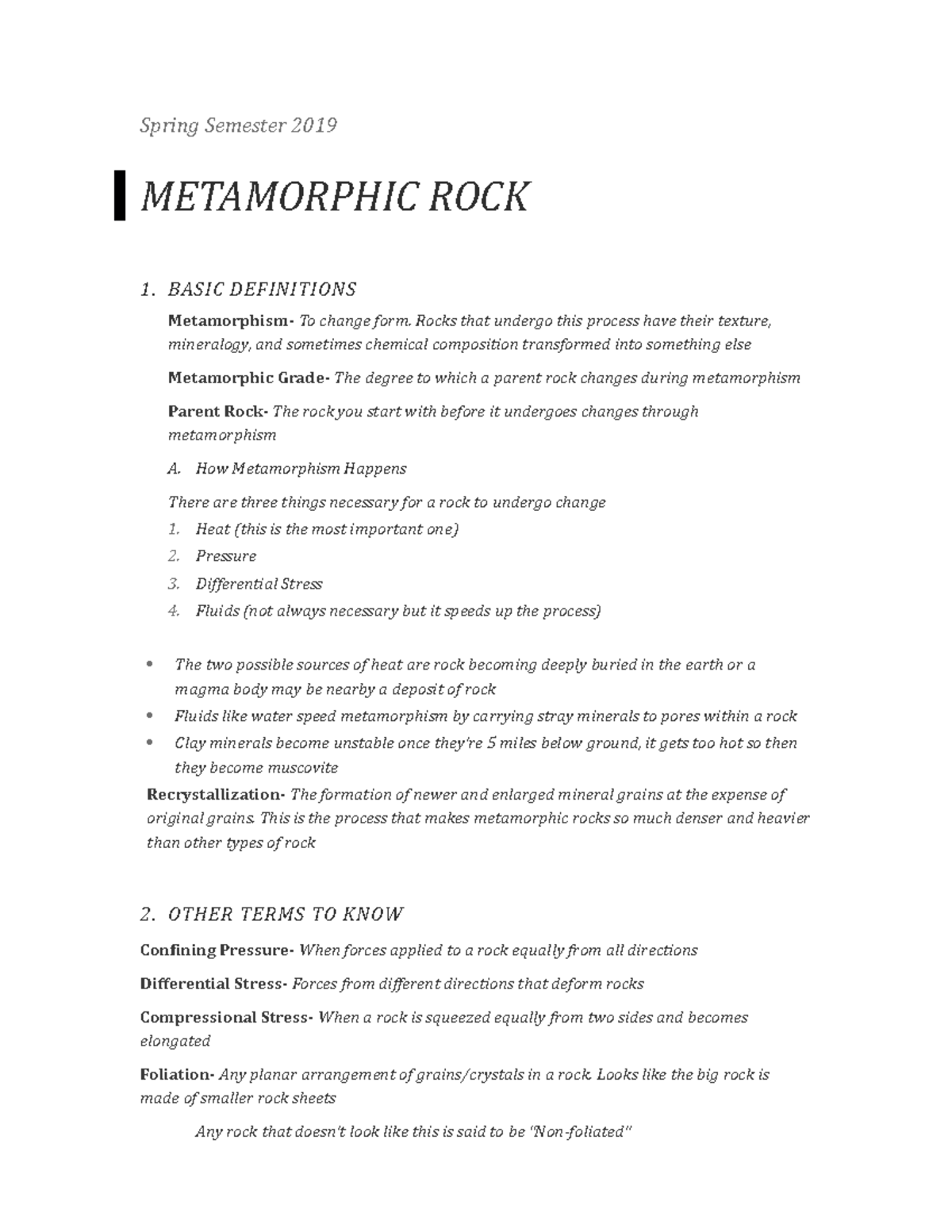 Geology Week 6 Notes - Spring Semester 2019 METAMORPHIC ROCK 1. BASIC ...