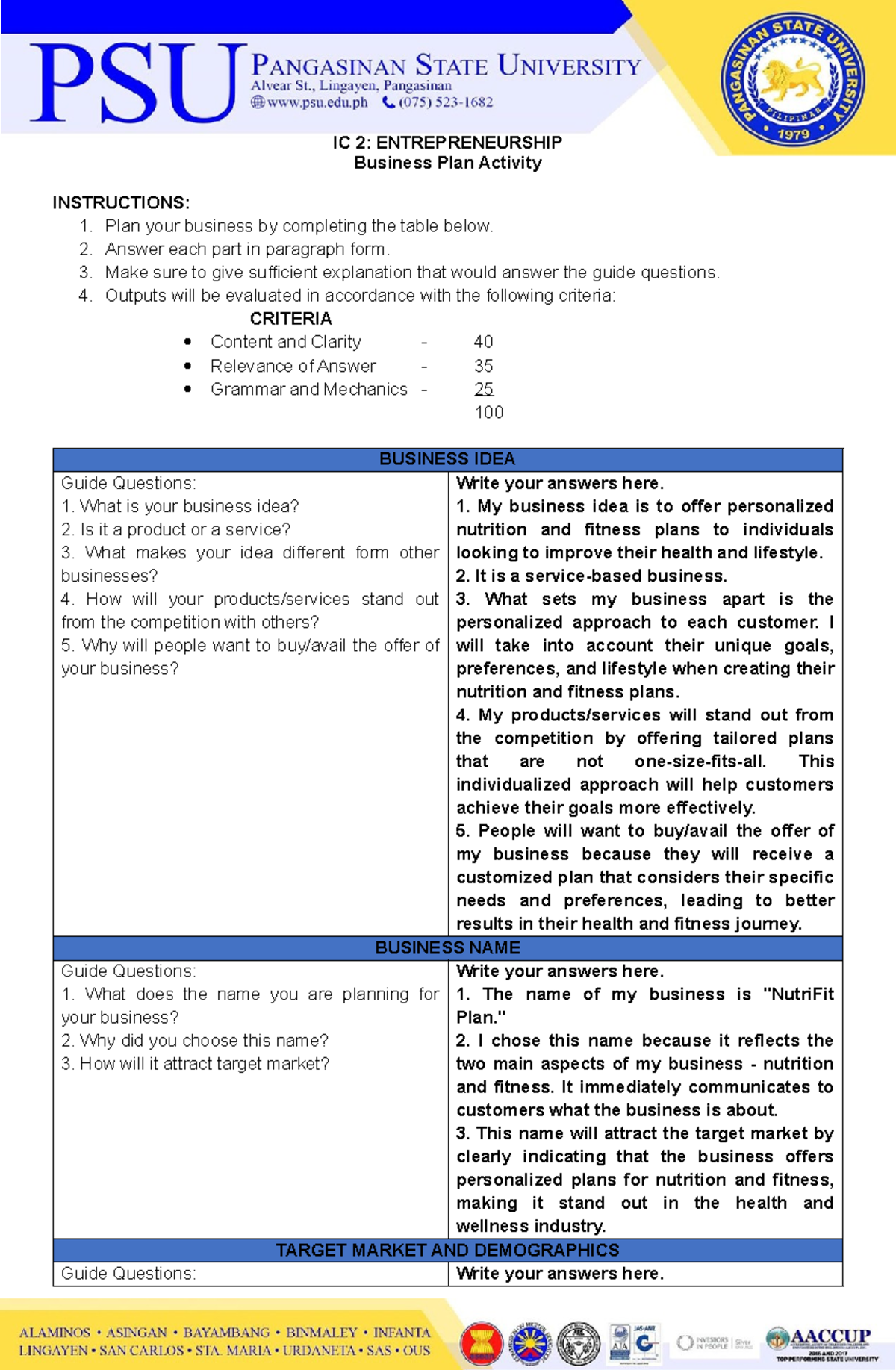 Business Plan Activity - IC 2: ENTREPRENEURSHIP Business Plan Activity ...